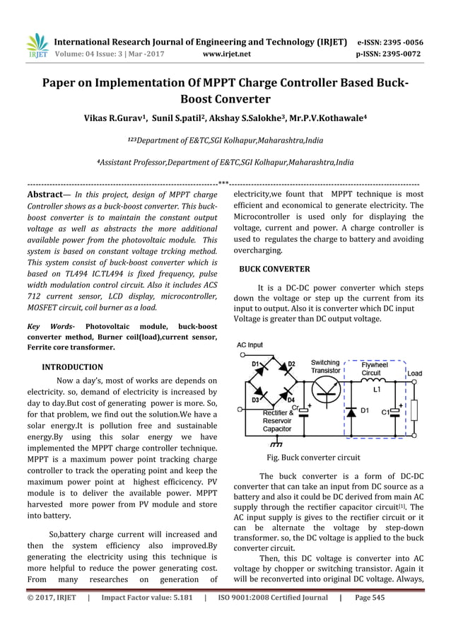 Paper on Implementation Of MPPT Charge Controller Based Buck-Boost Converter | PDF | Consumer ...