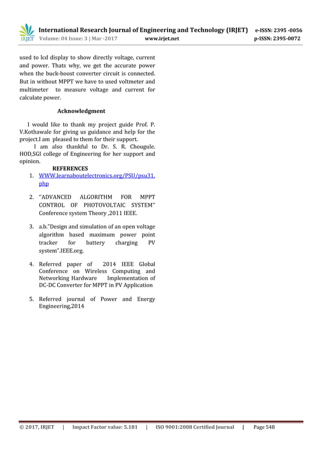 Paper On Implementation Of Mppt Charge Controller Based Buck Boost