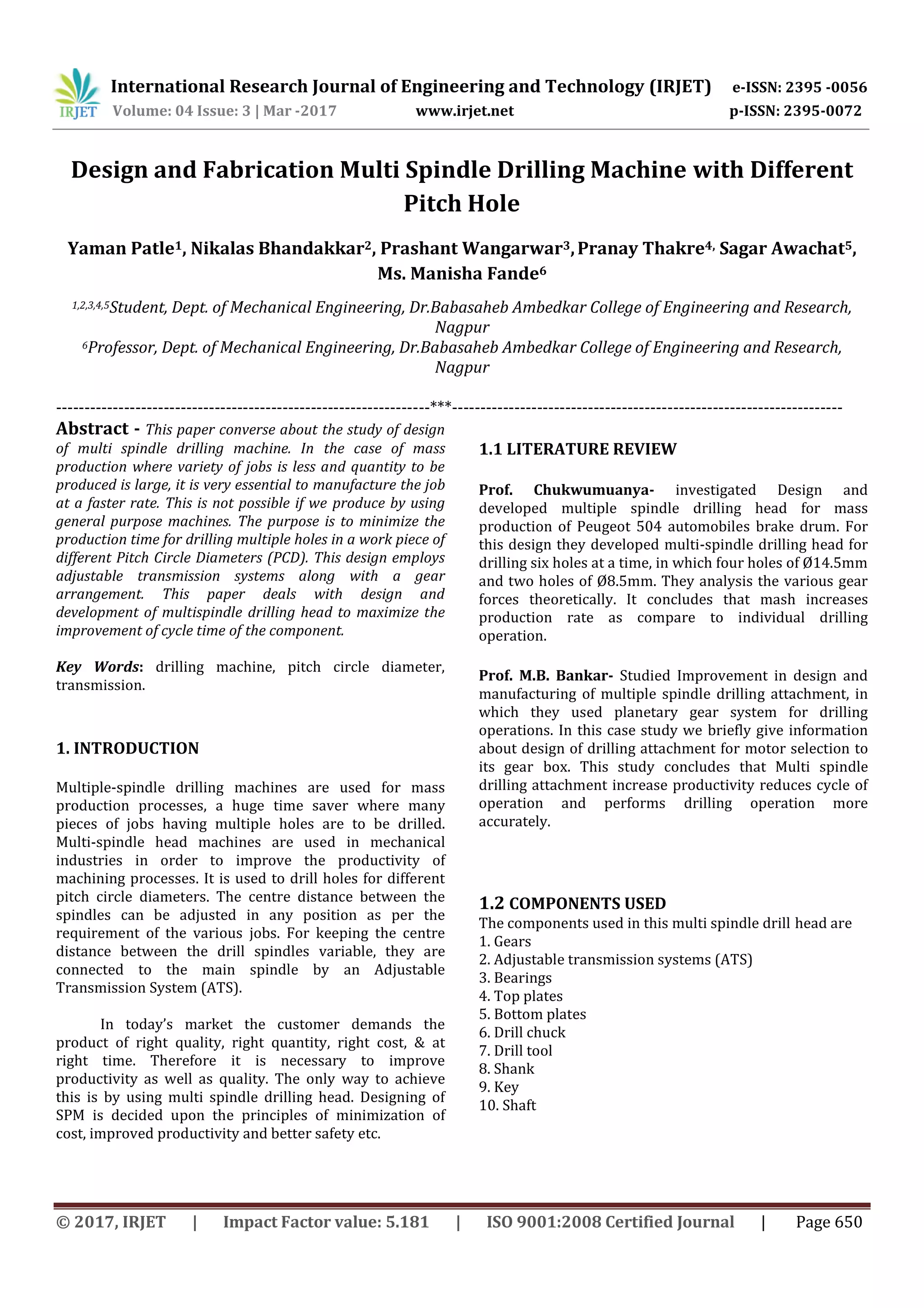 Design and Fabrication Multi Spindle Drilling Machine with Different ...