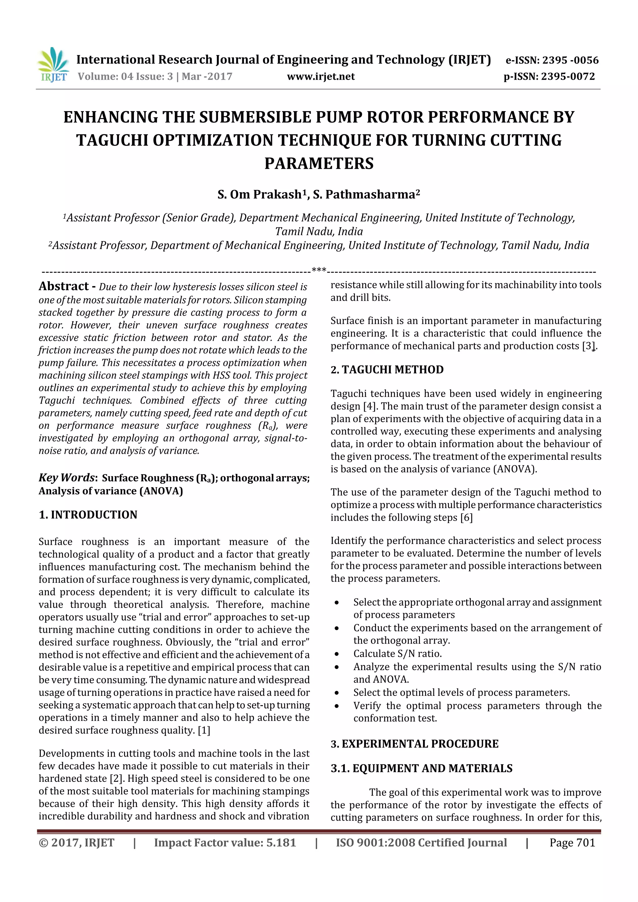Enhancing the Submersible Pump Rotor Performance by Taguchi Optimization Technique For Turning ...