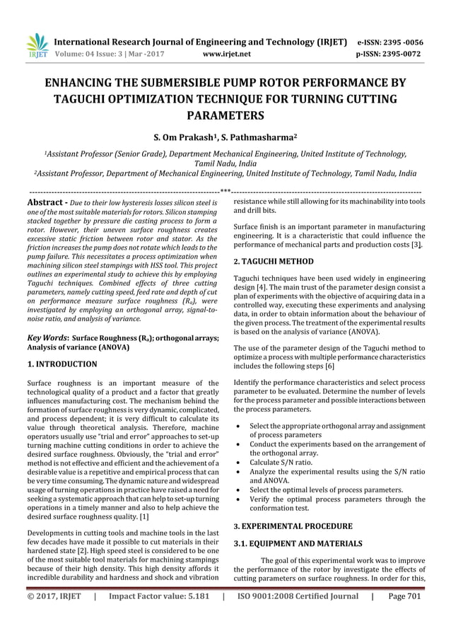Enhancing the Submersible Pump Rotor Performance by Taguchi Optimization Technique For Turning ...