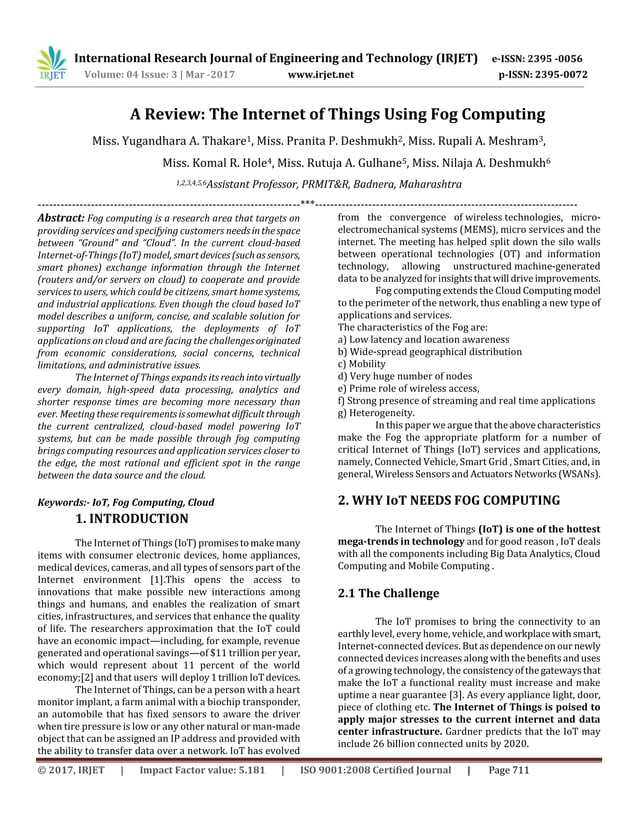 A Review: The Internet of Things Using Fog Computing | PDF