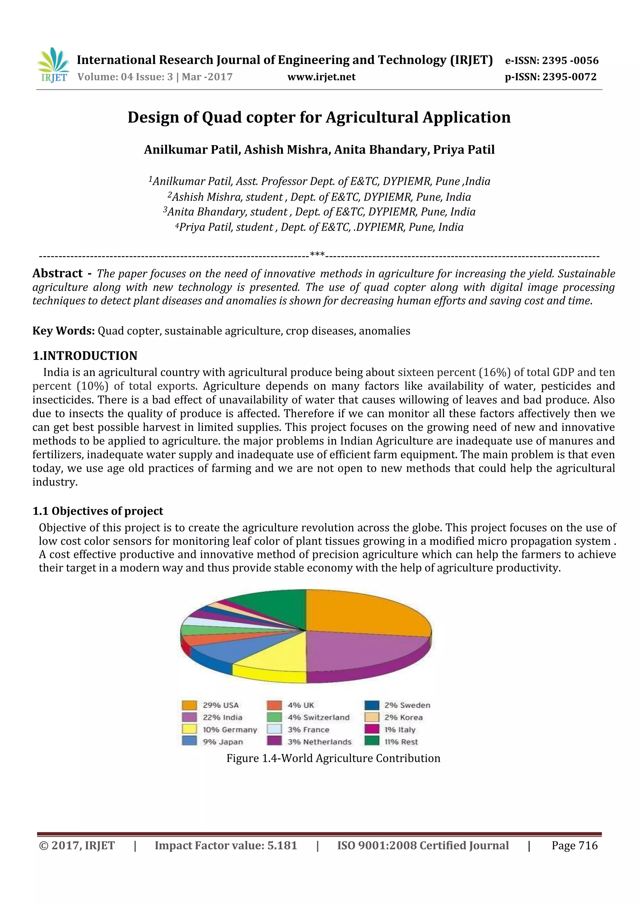 Design of Quad copter for Agricultural Application | PDF
