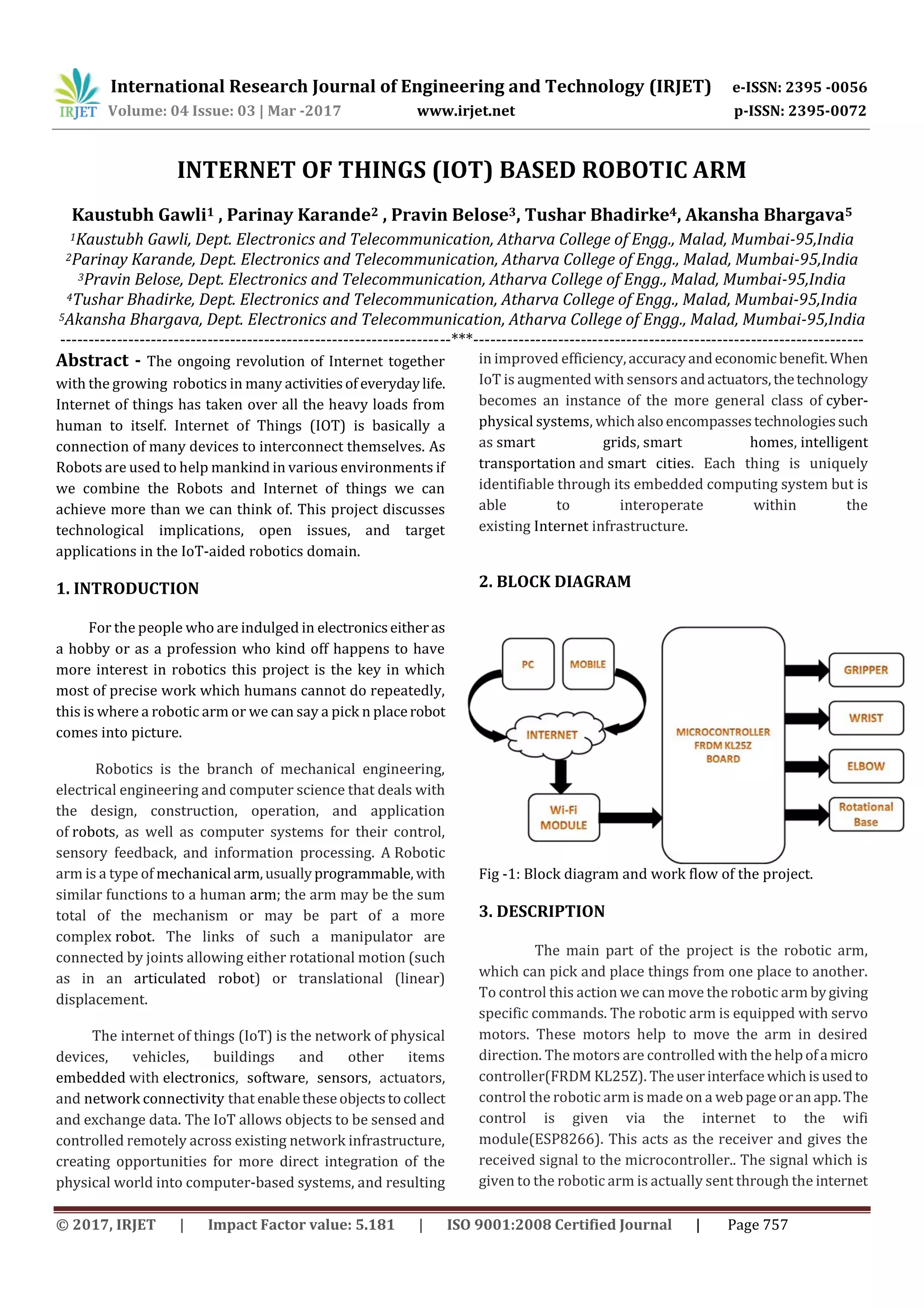 Internet of Things (Iot) Based Robotic Arm | PDF