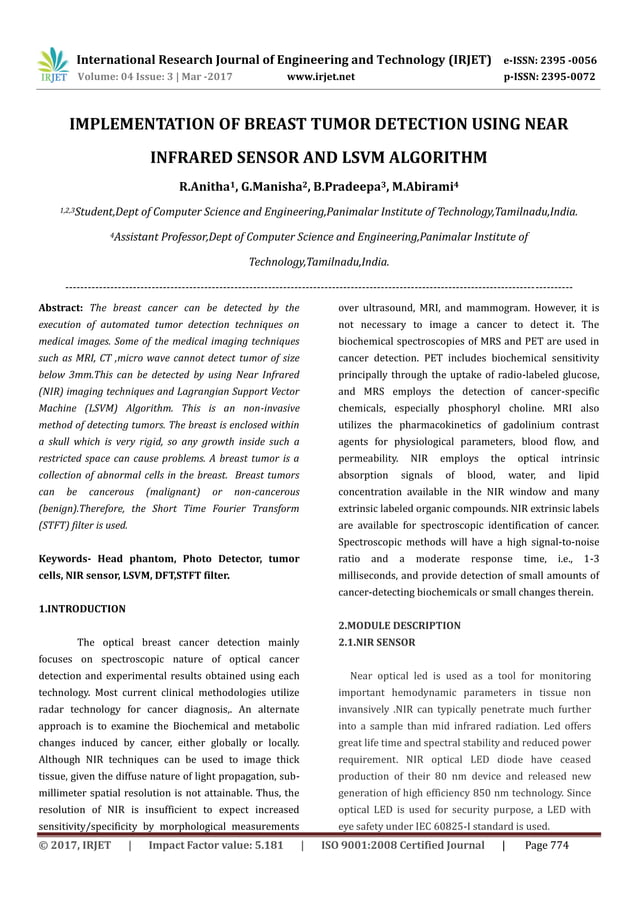 Implementation of Breast Tumor Detection Using Near Infrared Sensor and Lsvm Algorithm | PDF