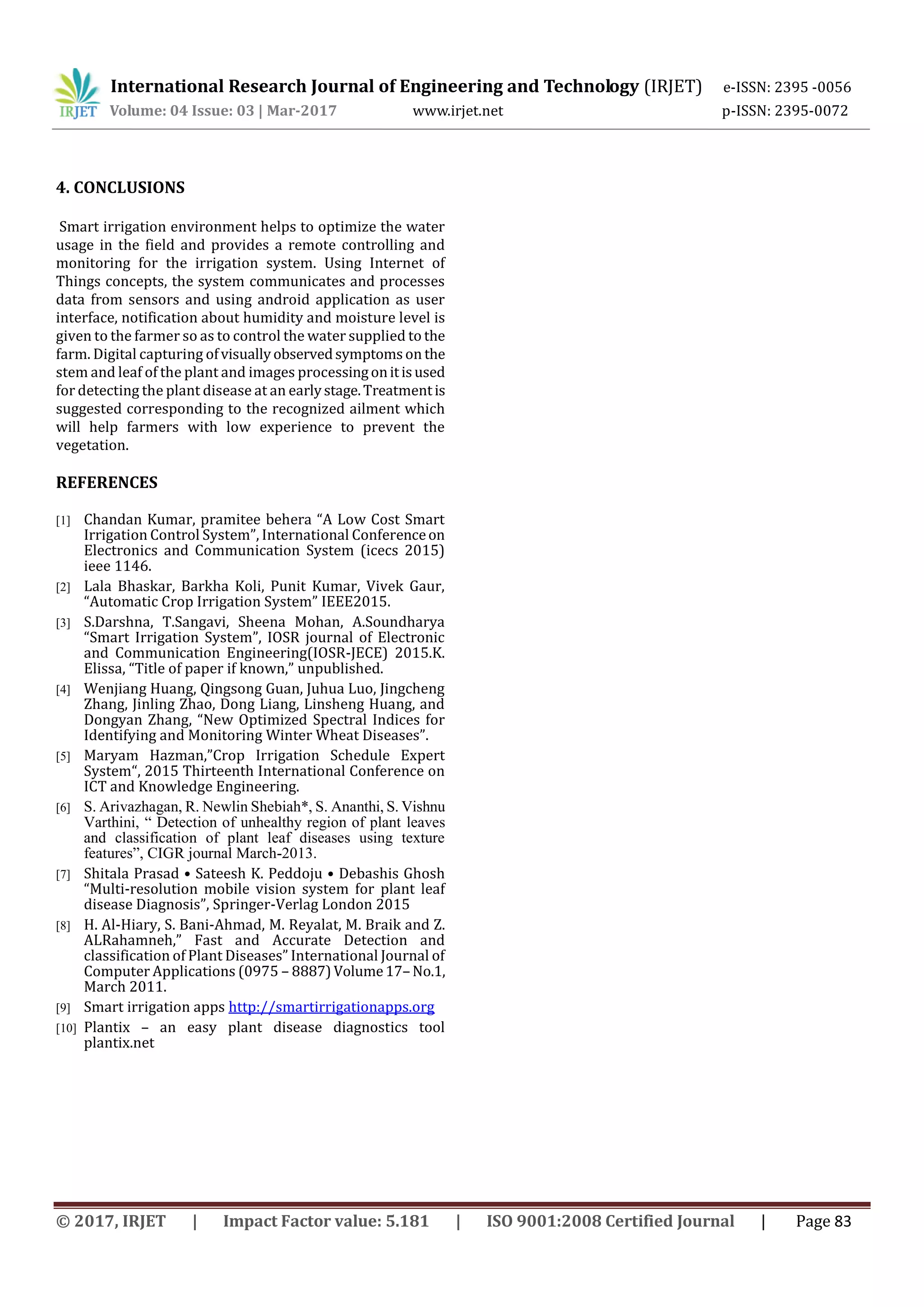 Smart irrigation system and plant disease detection | PDF