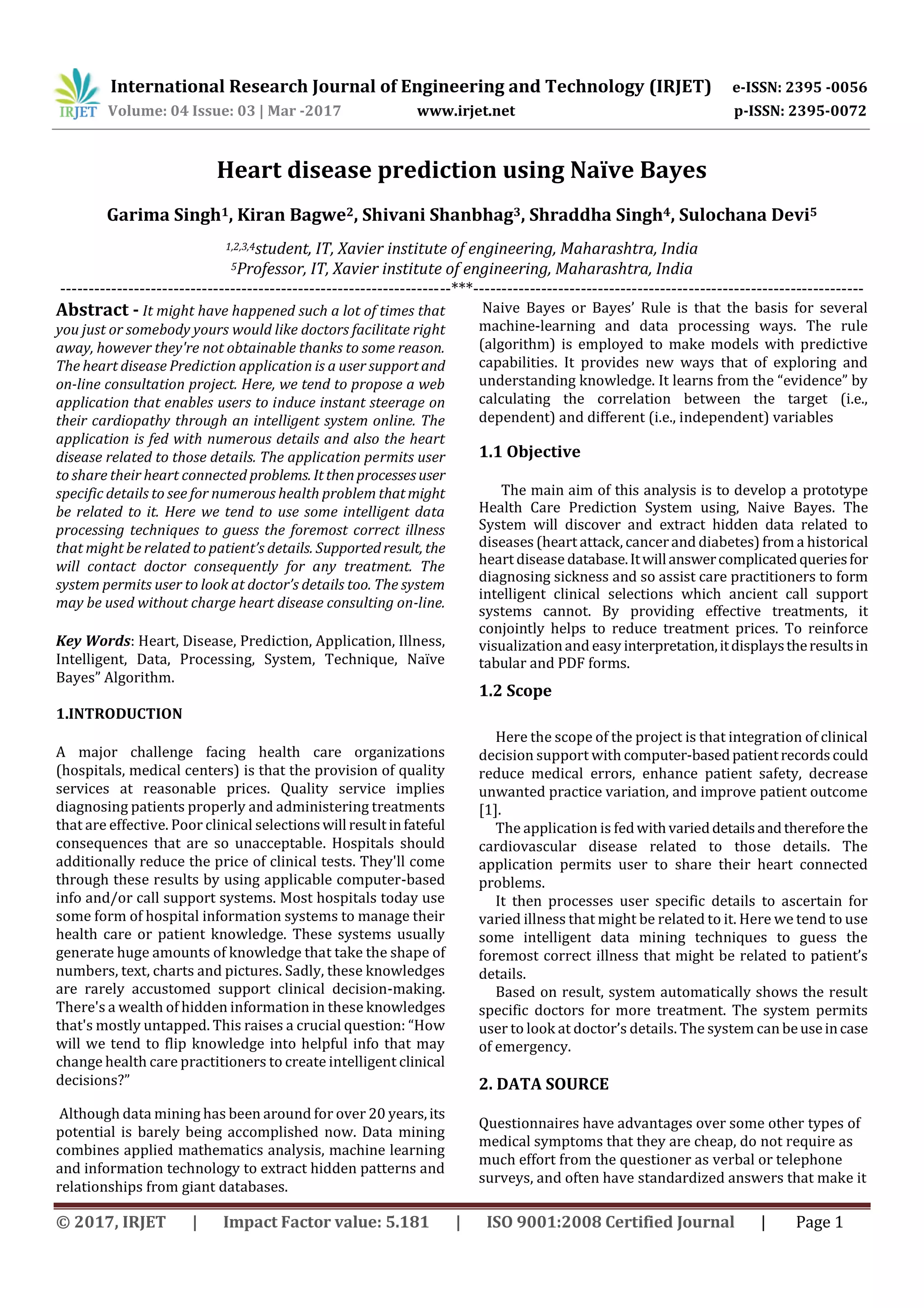 Heart Disease Prediction Using Naïve Bayes Pdf 