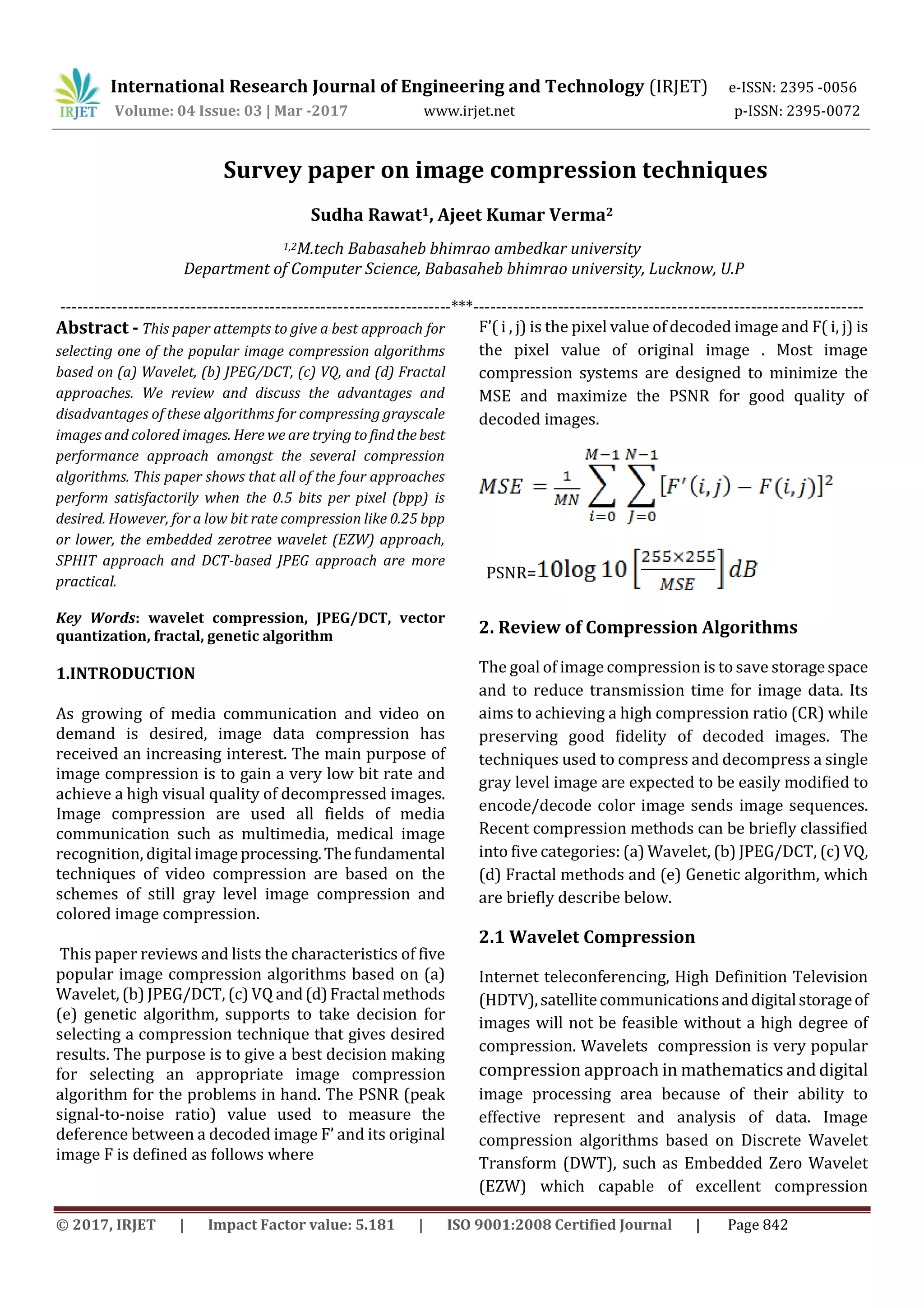 Survey Paper On Image Compression Techniques Pdf Computing Technology And Computing
