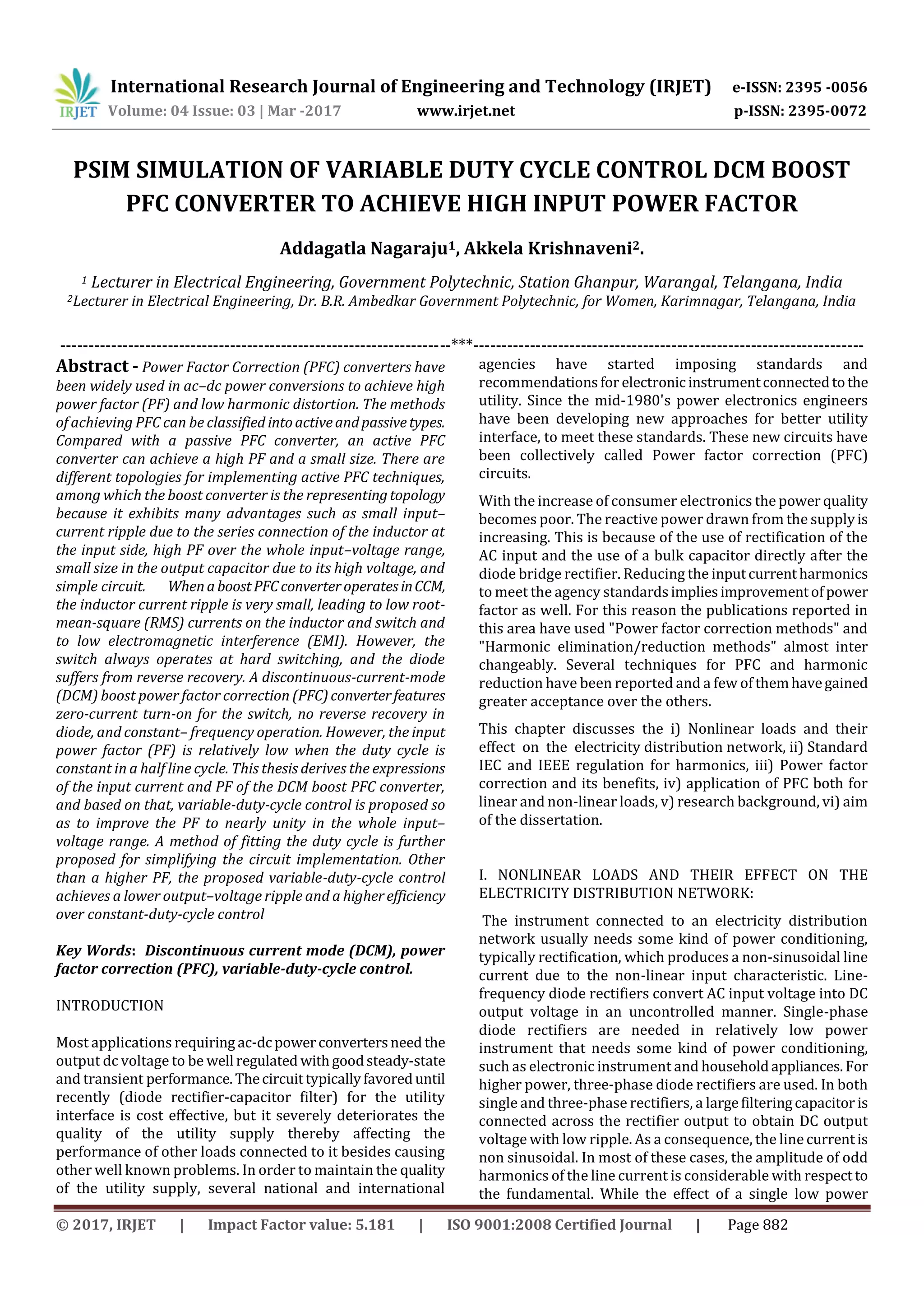 PSIM Simulation Of Variable Duty Cycle Control DCM Boost PFC Converter to Achieve High Input ...