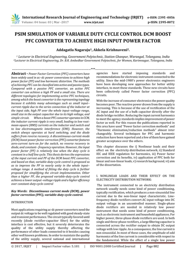 PSIM Simulation Of Variable Duty Cycle Control DCM Boost PFC Converter to Achieve High Input ...