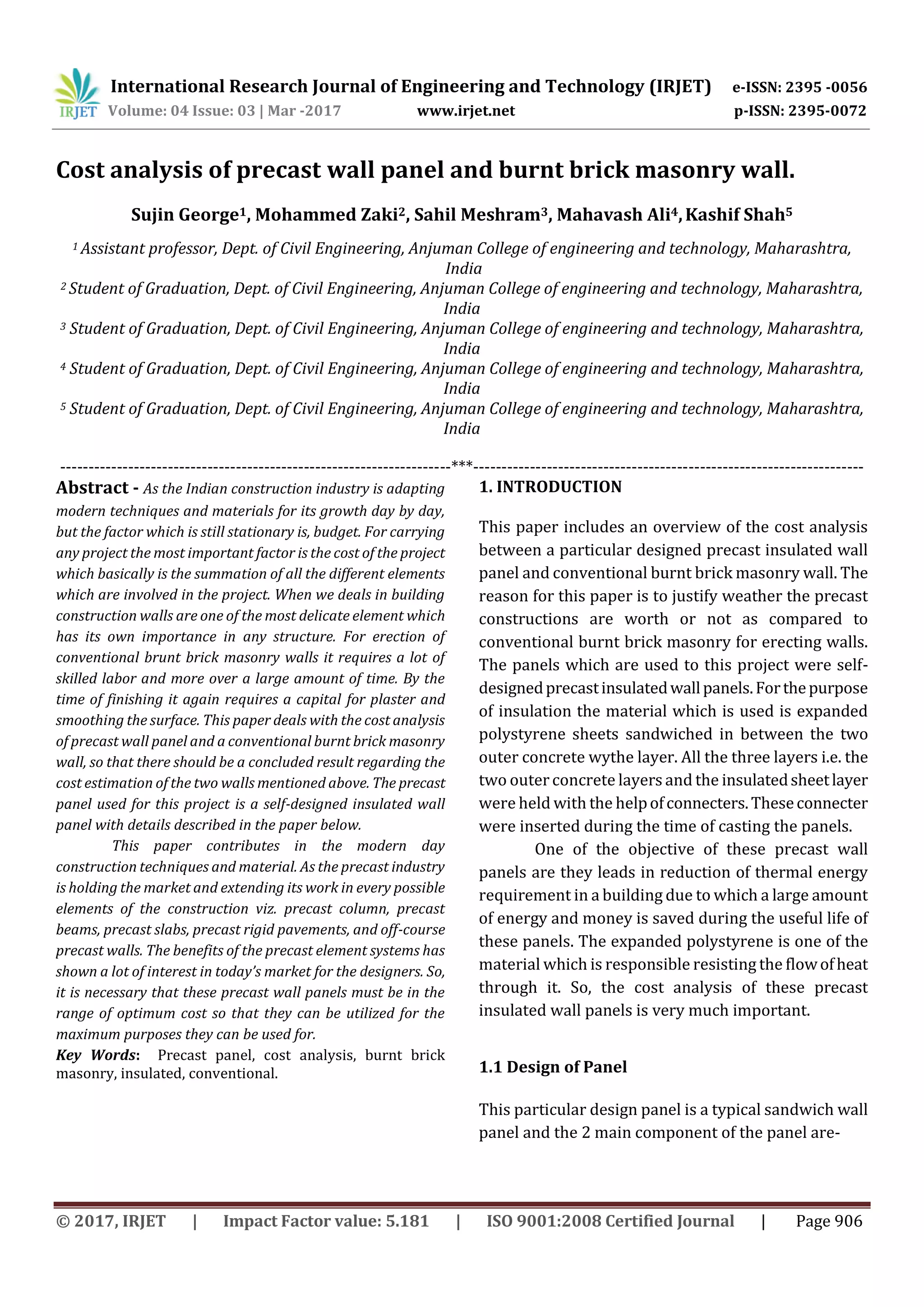 Cost analysis of precast wall panel and burnt brick masonry wall. | PDF