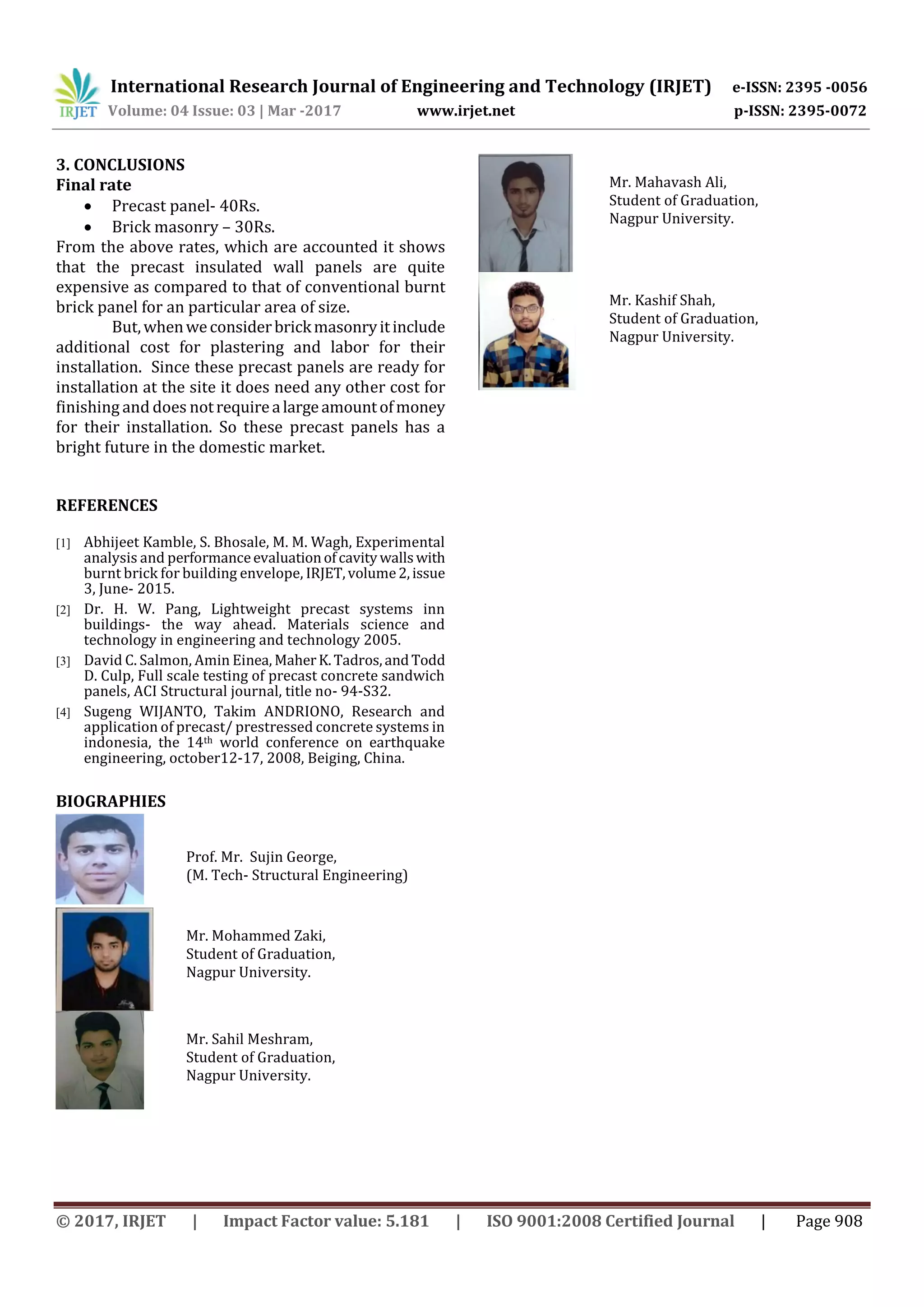 Cost analysis of precast wall panel and burnt brick masonry wall. | PDF