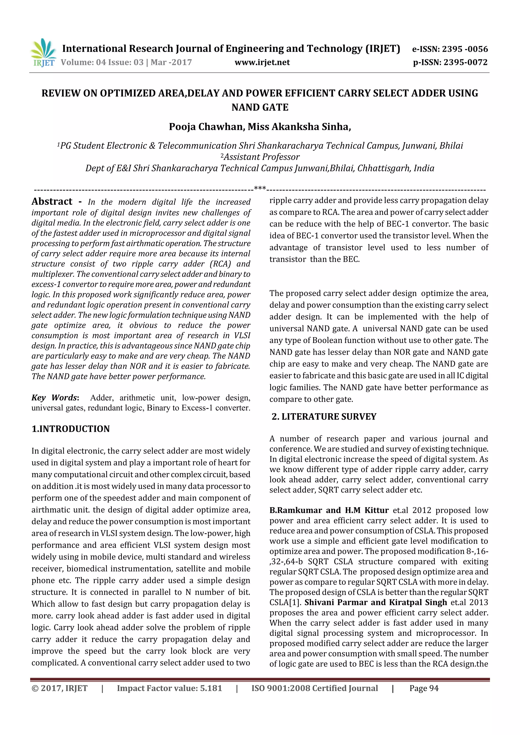 Review on optimized area,delay and power efficient carry select adder using nand gate | PDF
