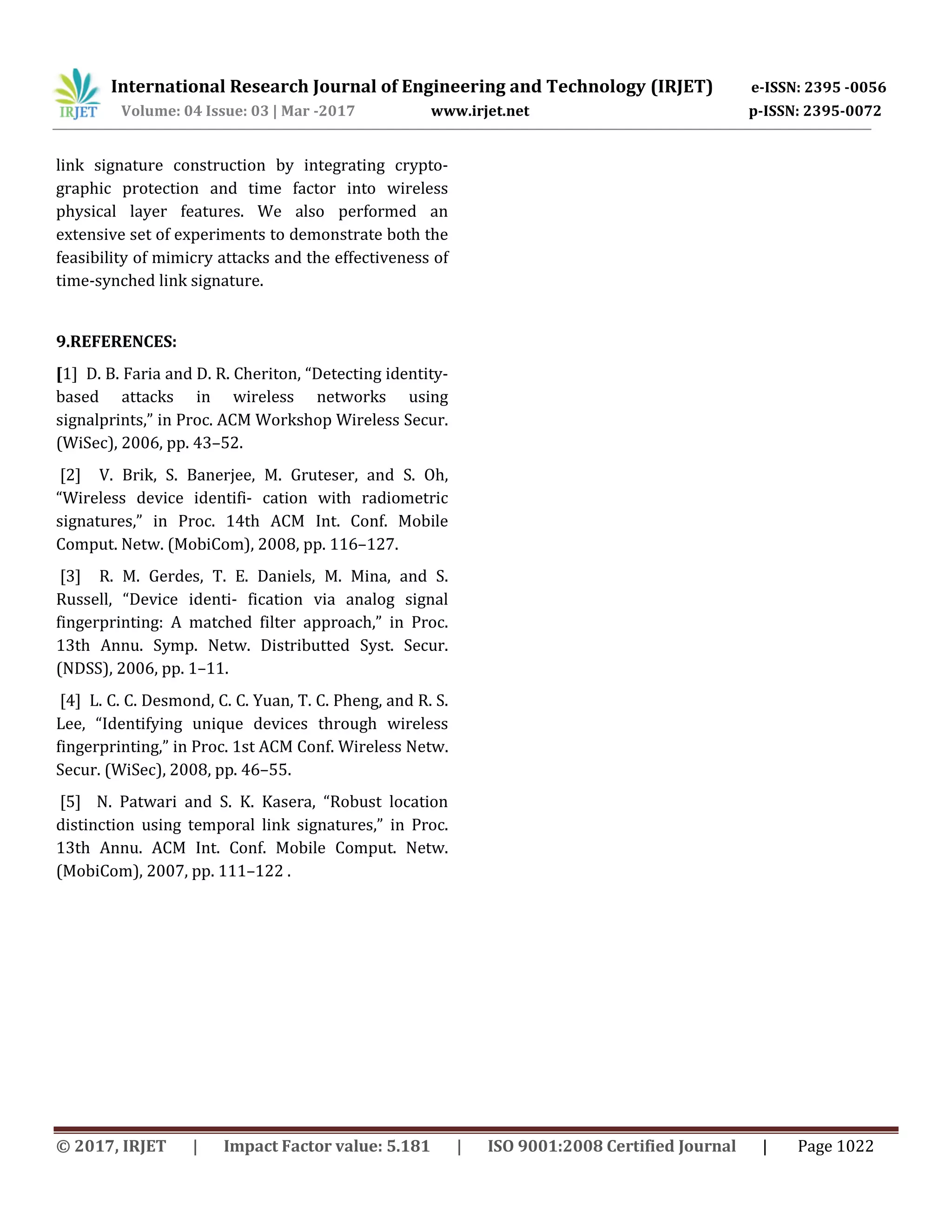 Detecting Identity Based Attack In MIMO System Using Link Signature In Wireless Network | PDF