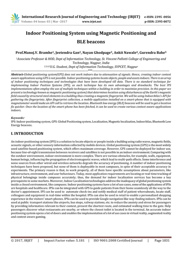 Indoor Positioning System using Magnetic Positioning and BLE beacons | PDF