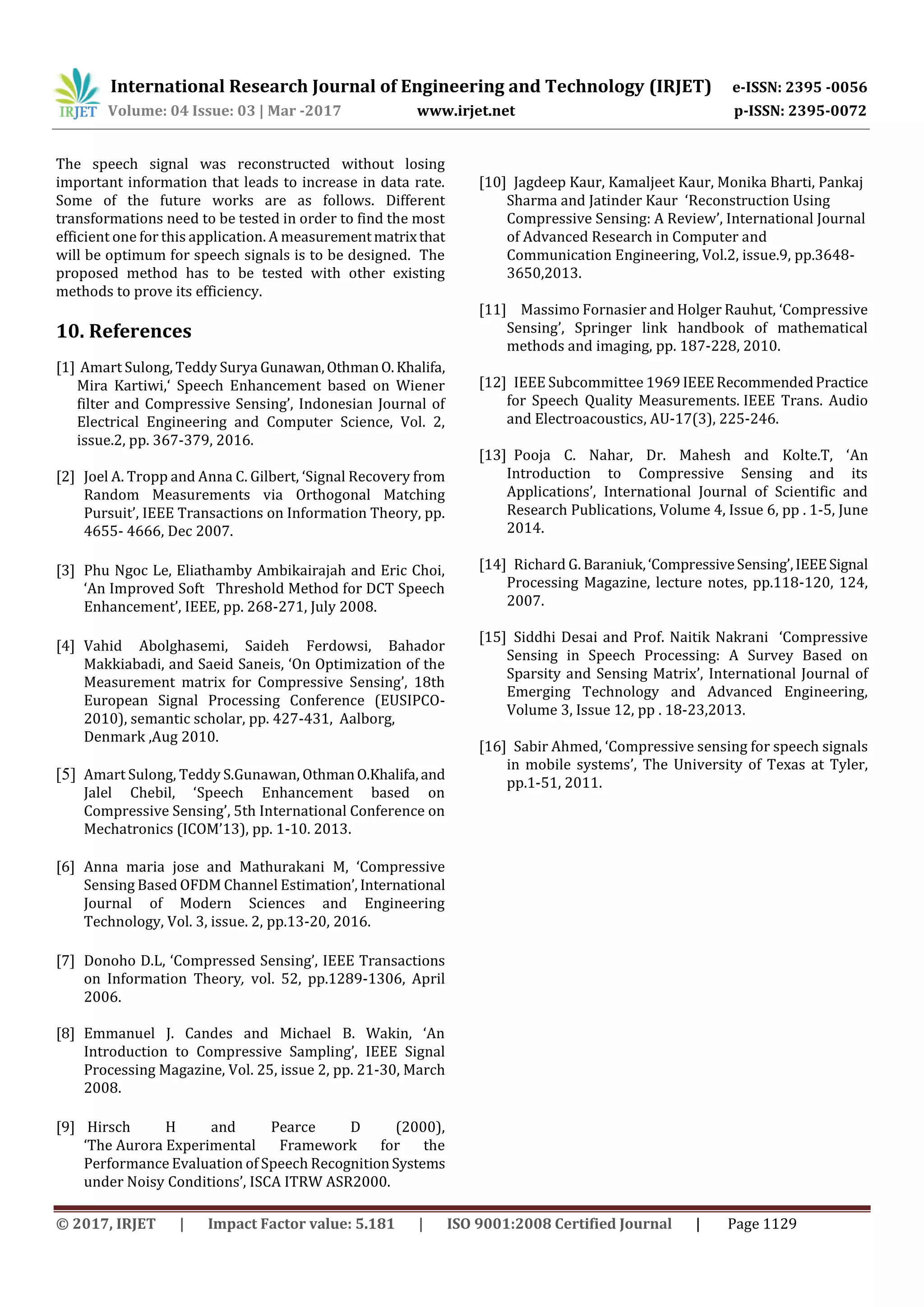 Speech Enhancement Using Compressive Sensing | PDF