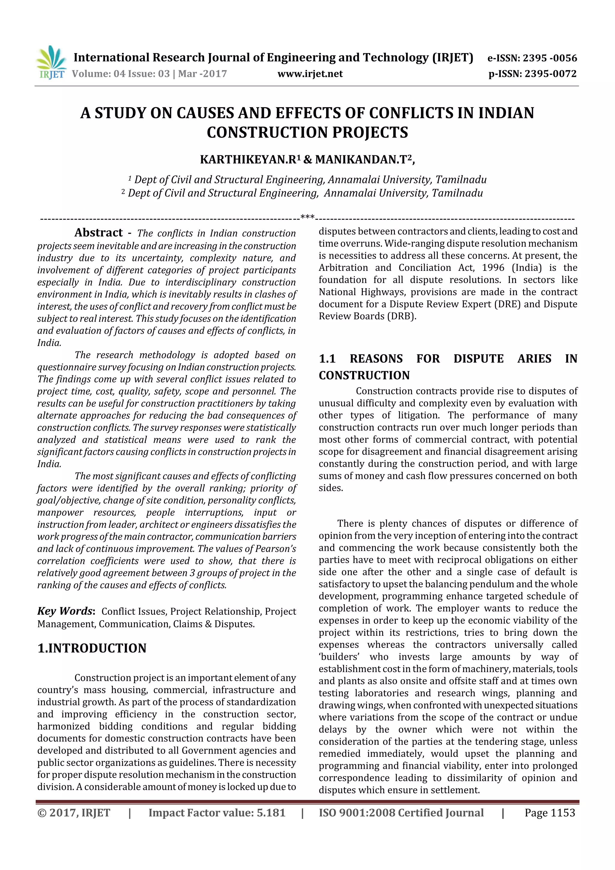 A Study on Causes and Effects of Conflicts in Indian Construction ...