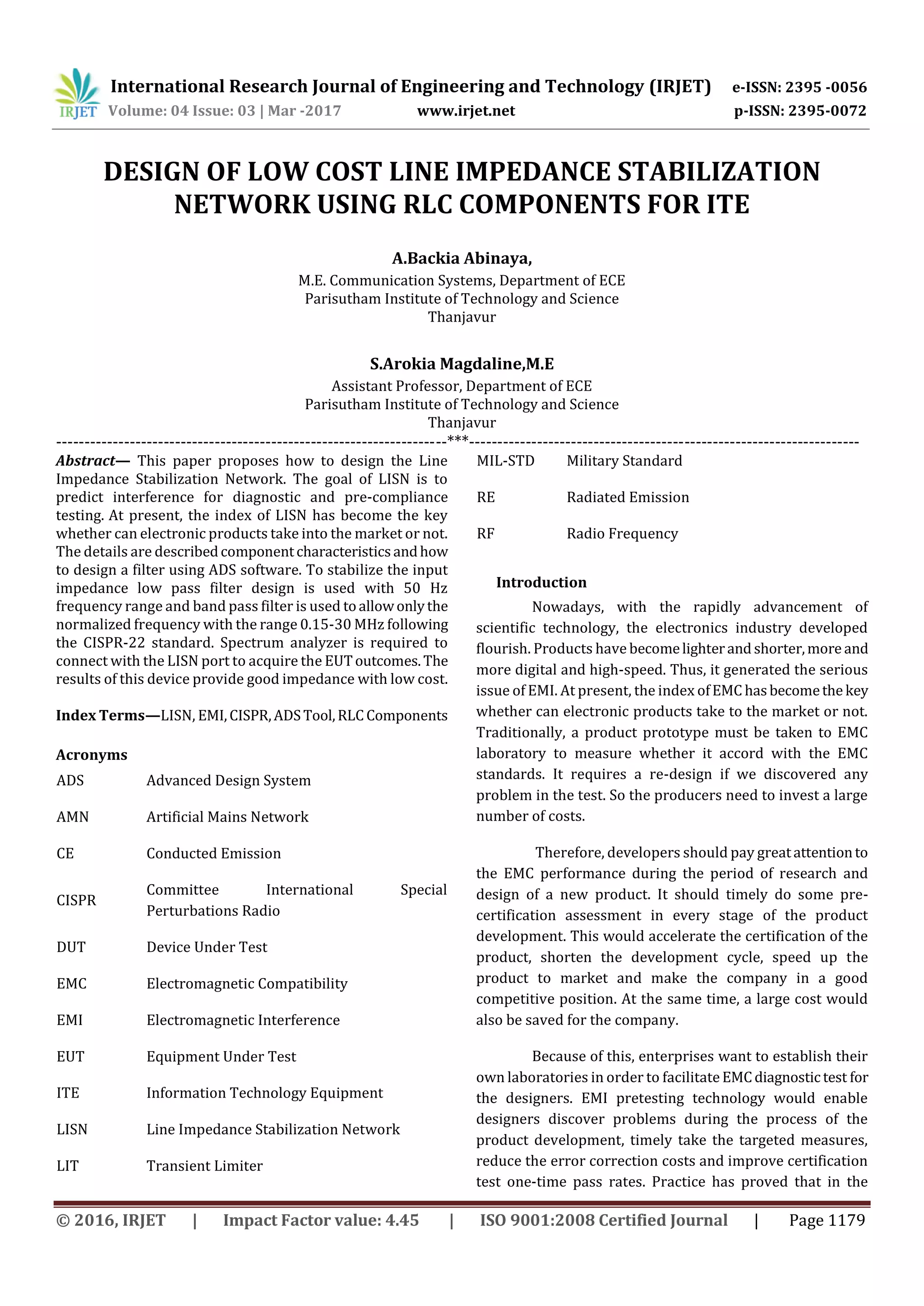 Design of Low Cost Line Impedance Stabilization Network Using RLC Components For ITE | PDF ...