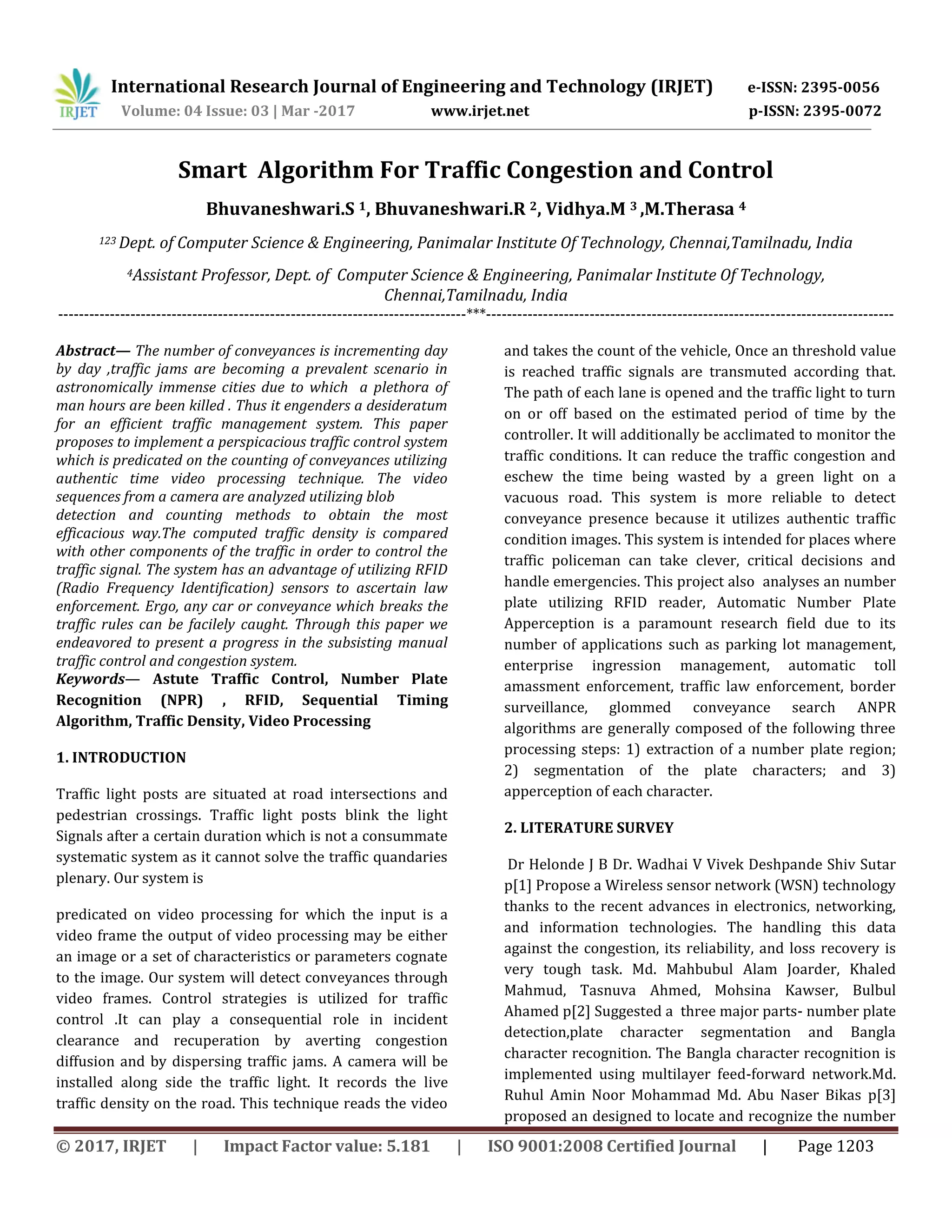Smart Algorithm For Traffic Congestion And Control Pdf