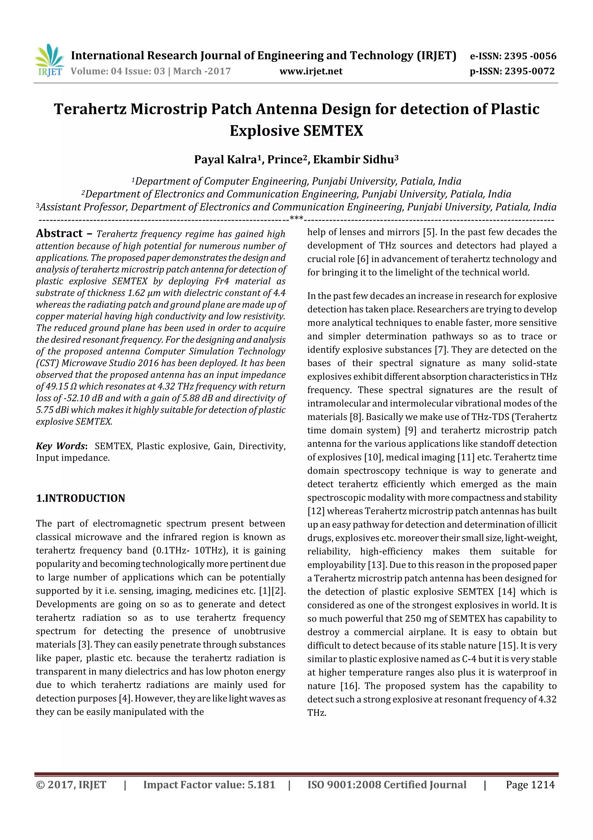 Terahertz Microstrip Patch Antenna Design for detection of Plastic ...