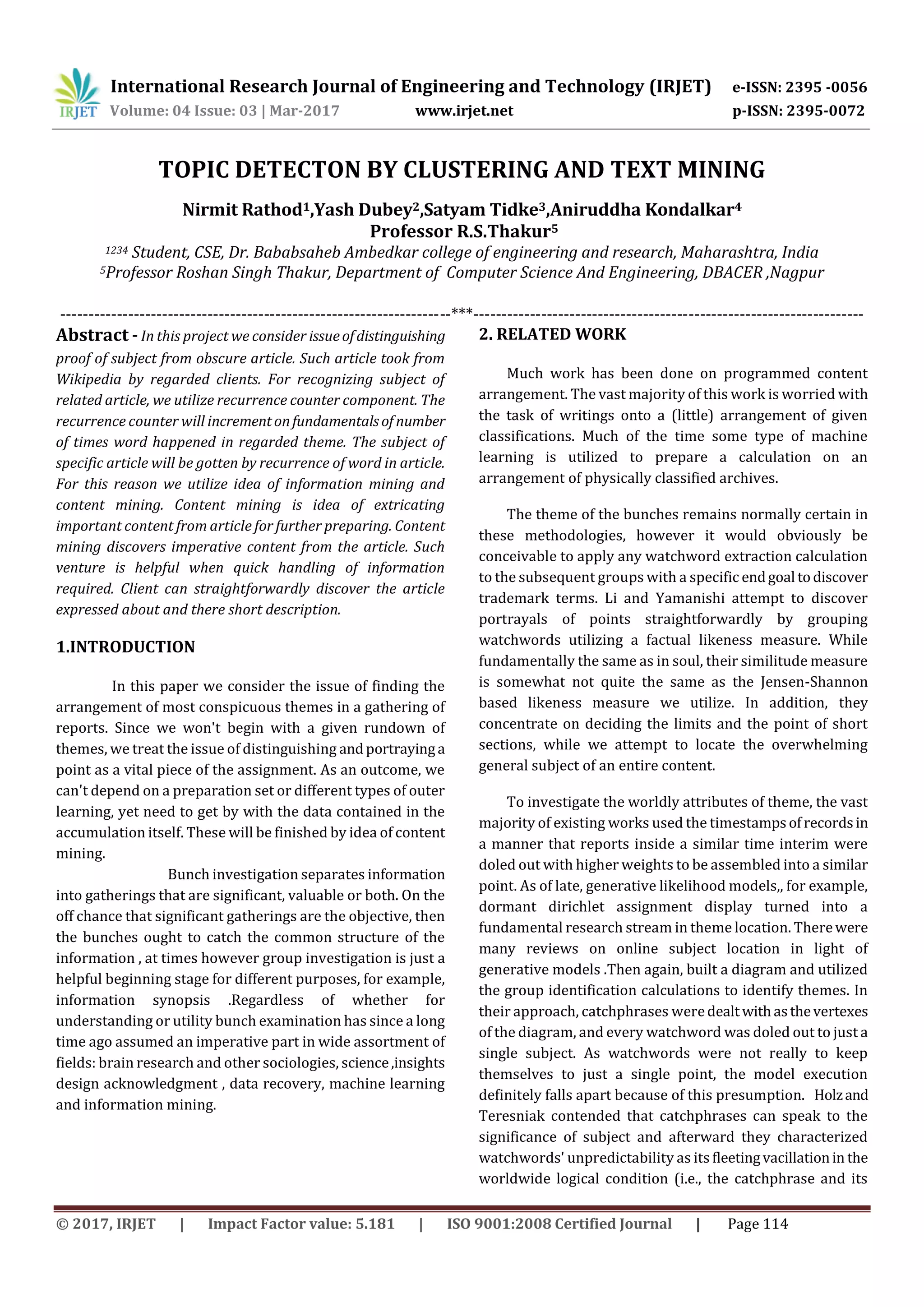 Topic detecton by clustering and text mining | PDF
