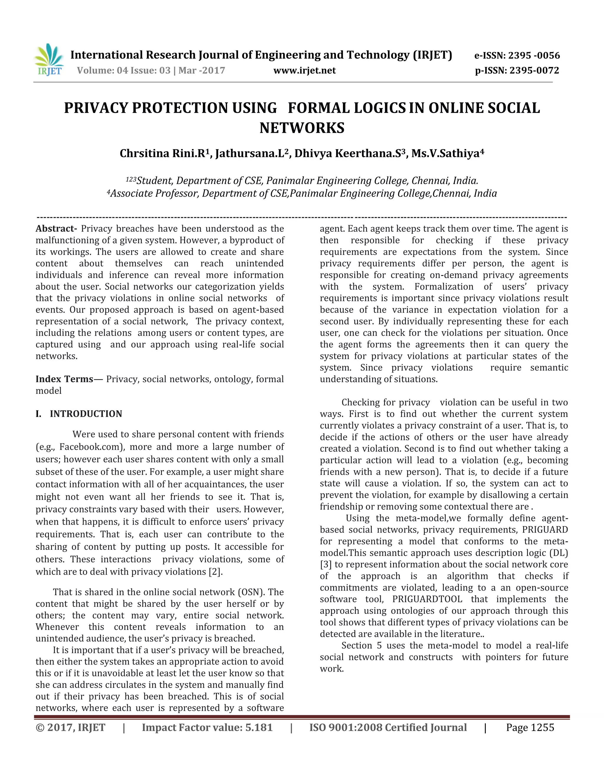 Privacy Protection Using Formal Logics in Onlne Social Networks | PDF