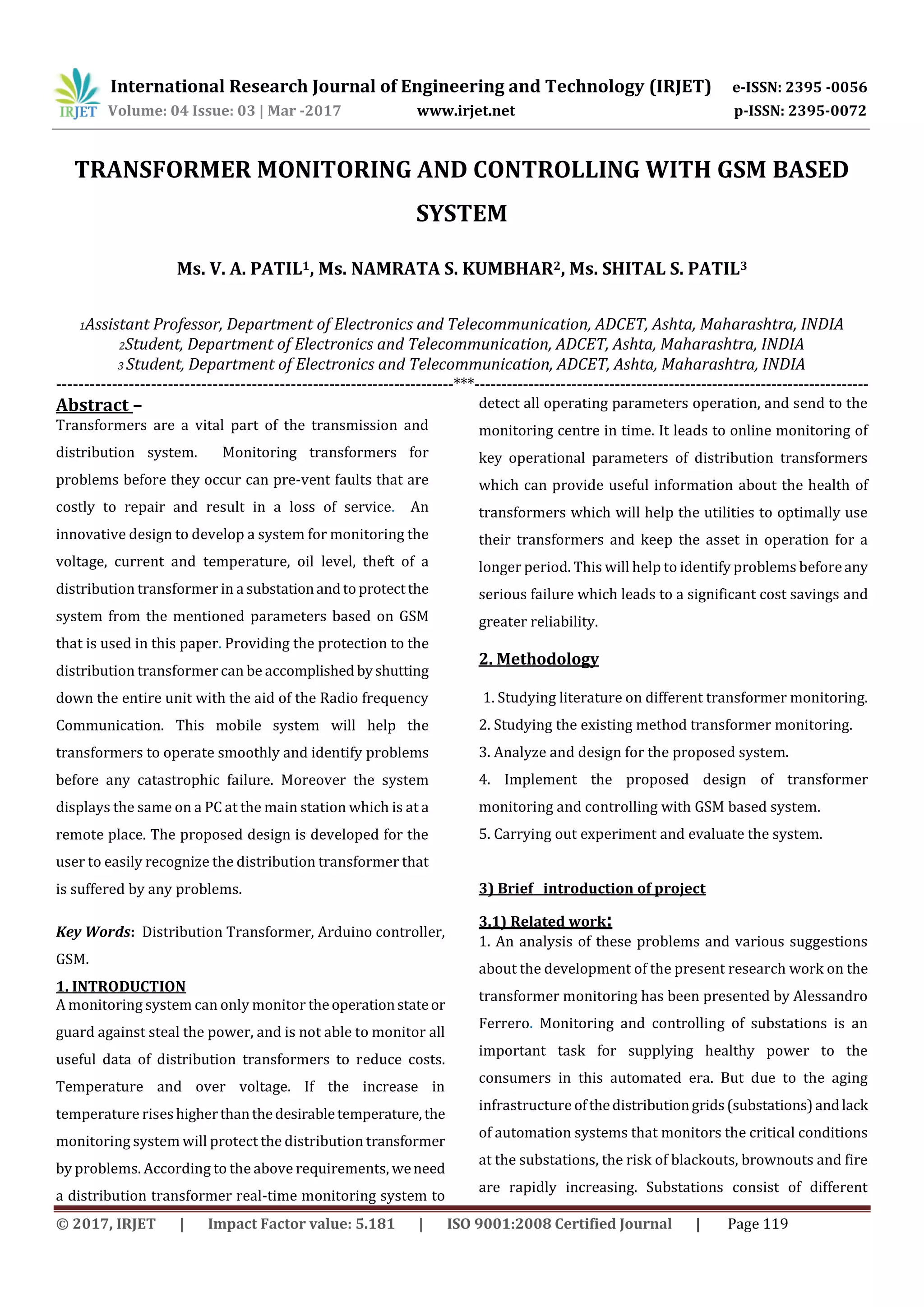 Transformer Monitoring And Controlling With Gsm Based System Pdf Internet Of Things Internet