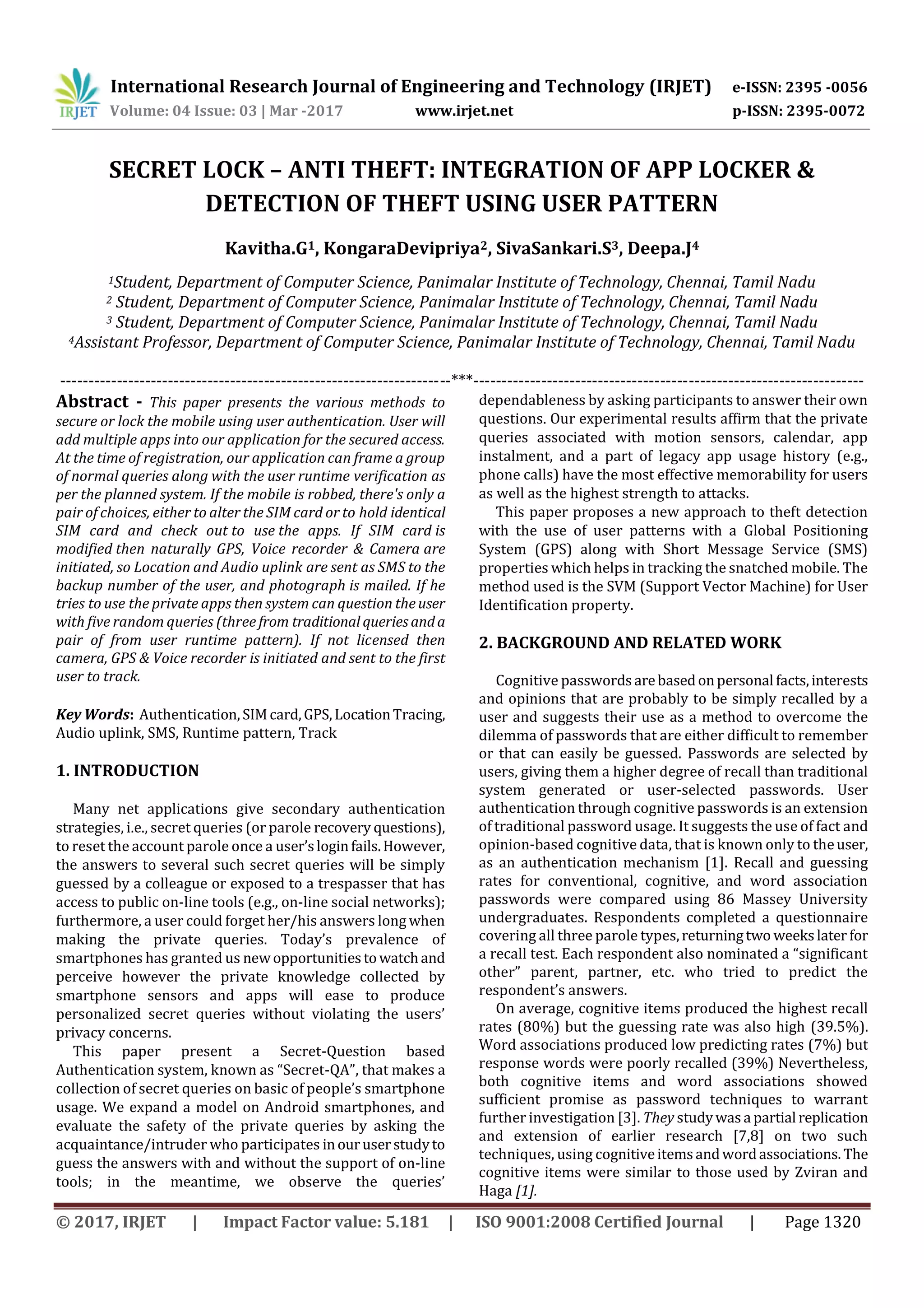 Secret Lock – Anti Theft: Integration of App Locker & Detection of Theft Using User Pattern | PDF