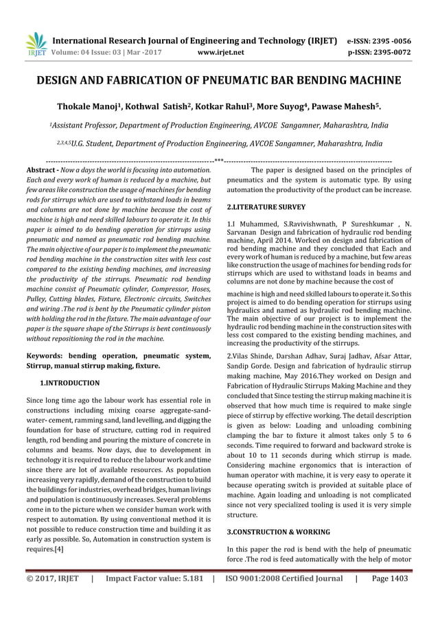 Design and Fabrication of Pneumatic Bar Bending Machine | PDF