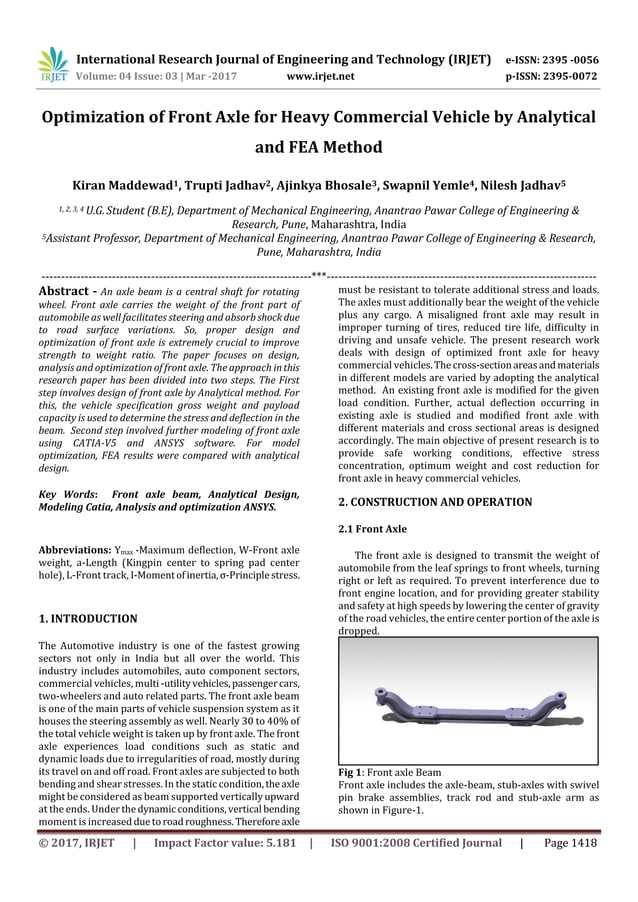 Optimization Of Front Axle For Heavy Commercial Vehicle By Analytical ...