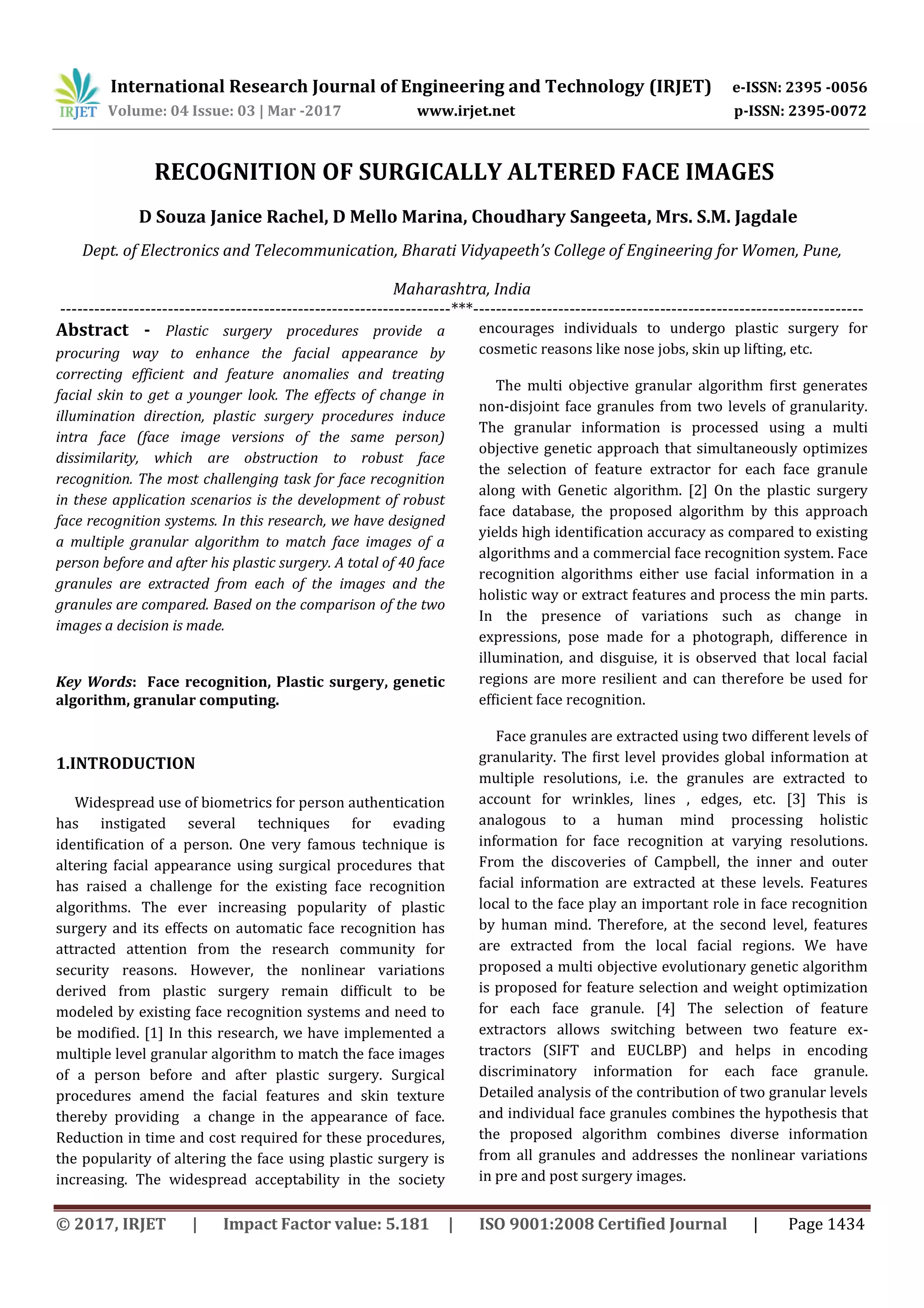 Recognition of Surgically Altered Face Images | PDF