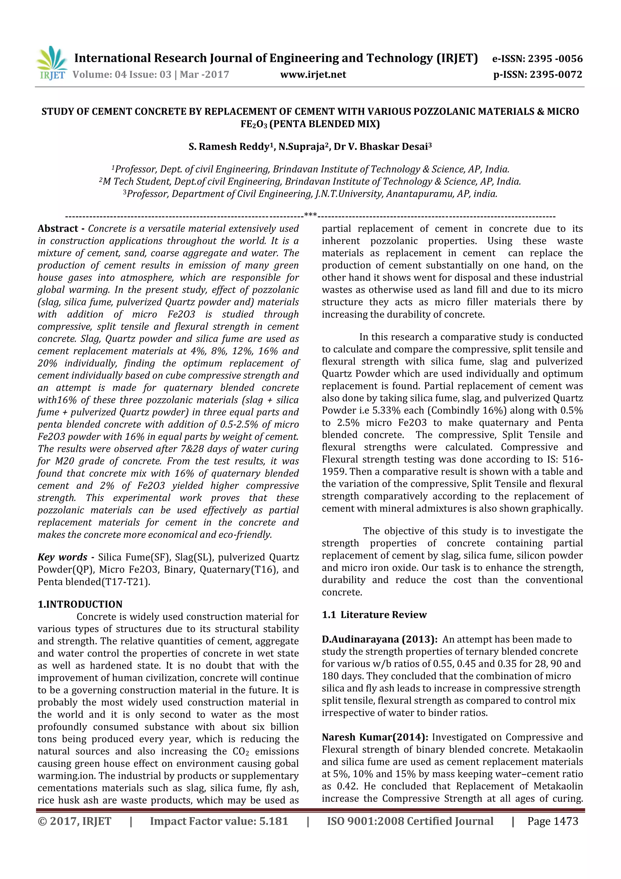 Study of Cement Concrete By Replacement of Cement with Various ...