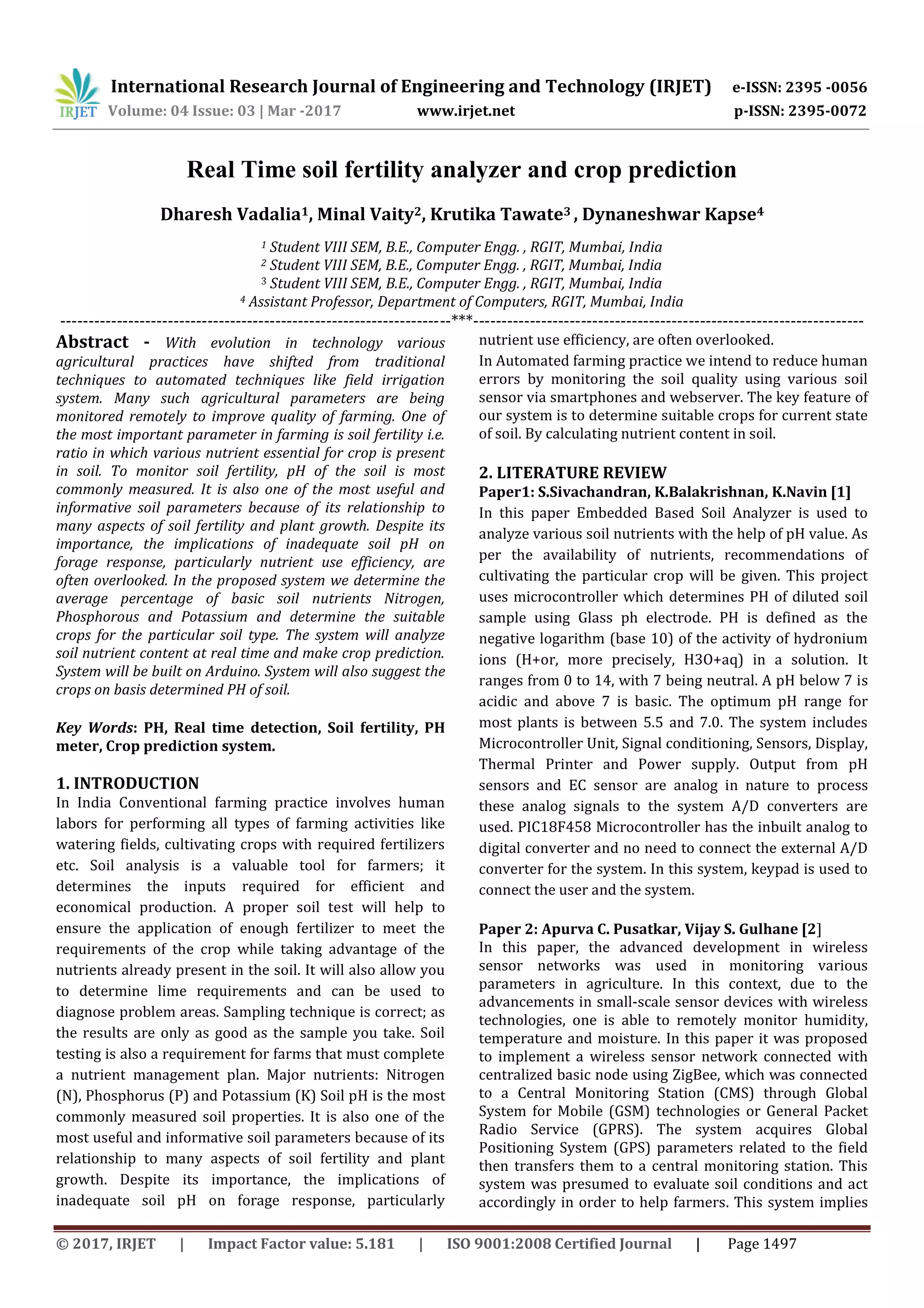 Real Time soil fertility analyzer and crop prediction | PDF ...