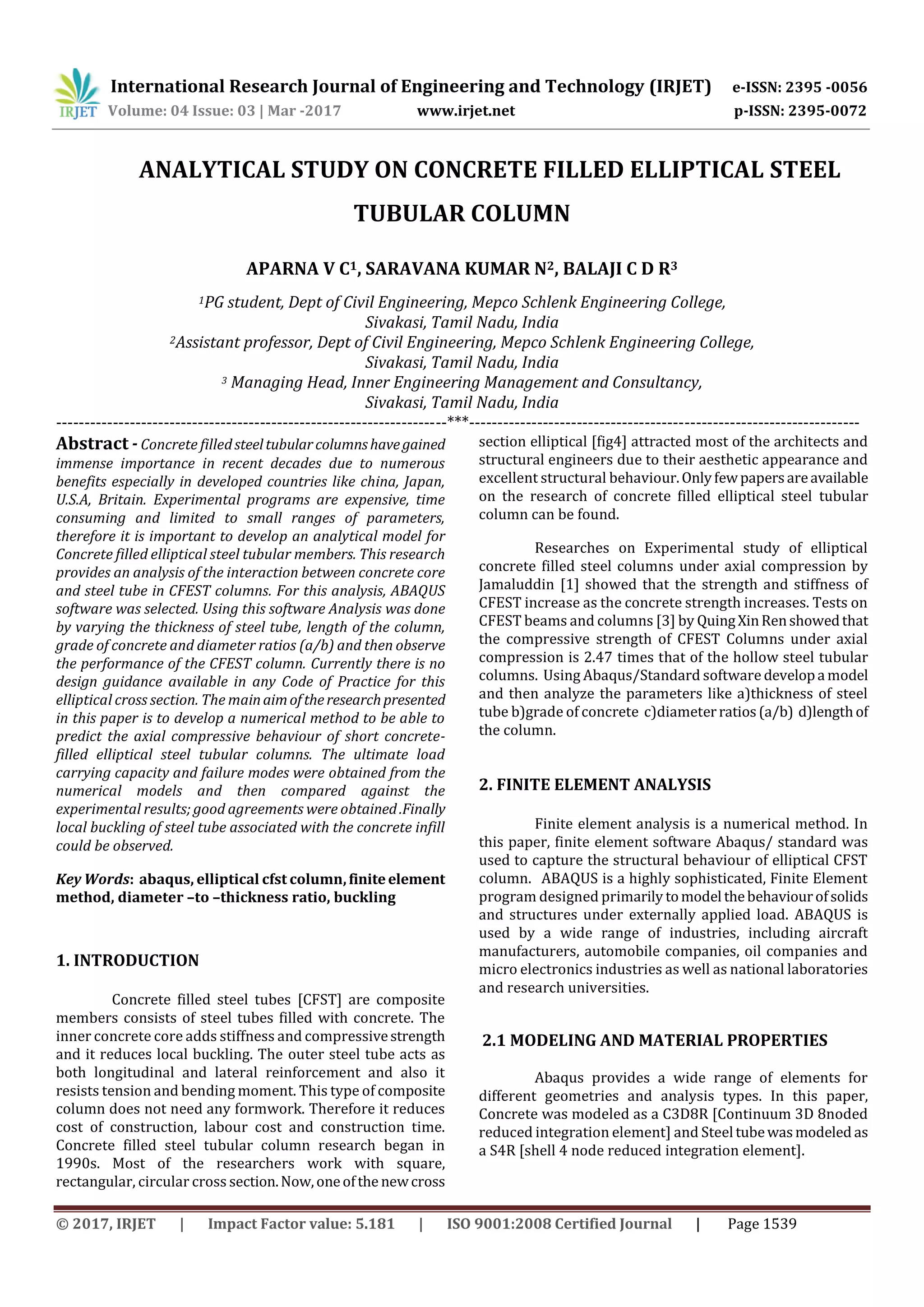 Analytical Study on Concrete Filled Elliptical Steel Tubular Column | PDF