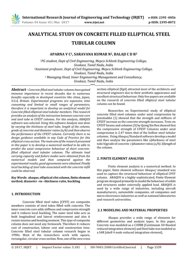 Analytical Study on Concrete Filled Elliptical Steel Tubular Column | PDF