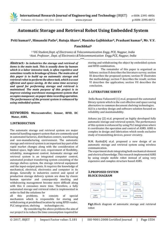 Automatic Storage and Retrieval Robot Using Embedded System | PDF