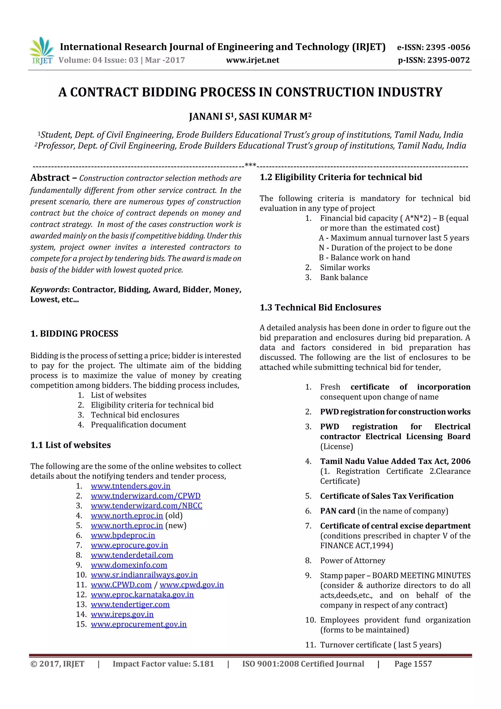 A Contract Bidding Process in Construction Industry | PDF