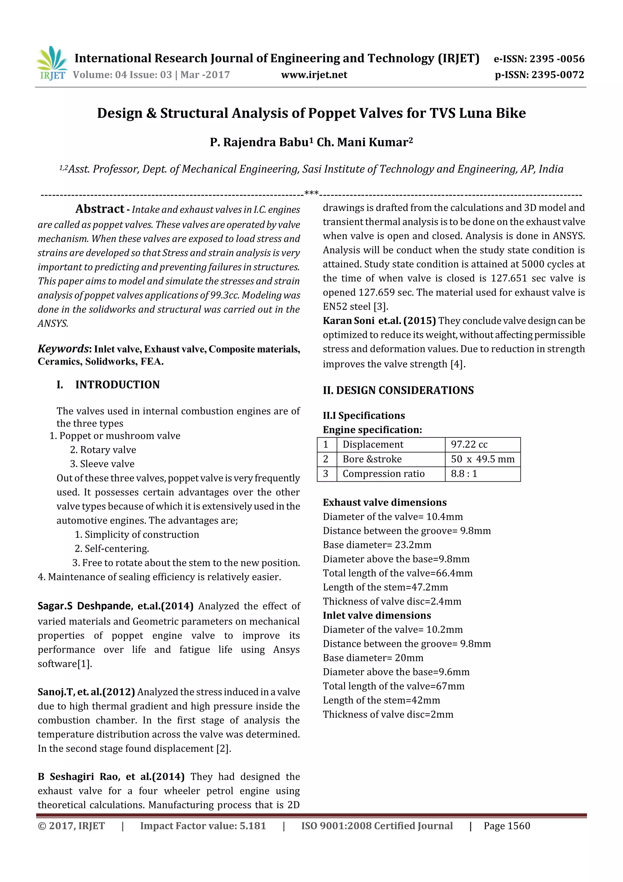 Design & Structural Analysis of Poppet Valves for TVS Luna Bike | PDF