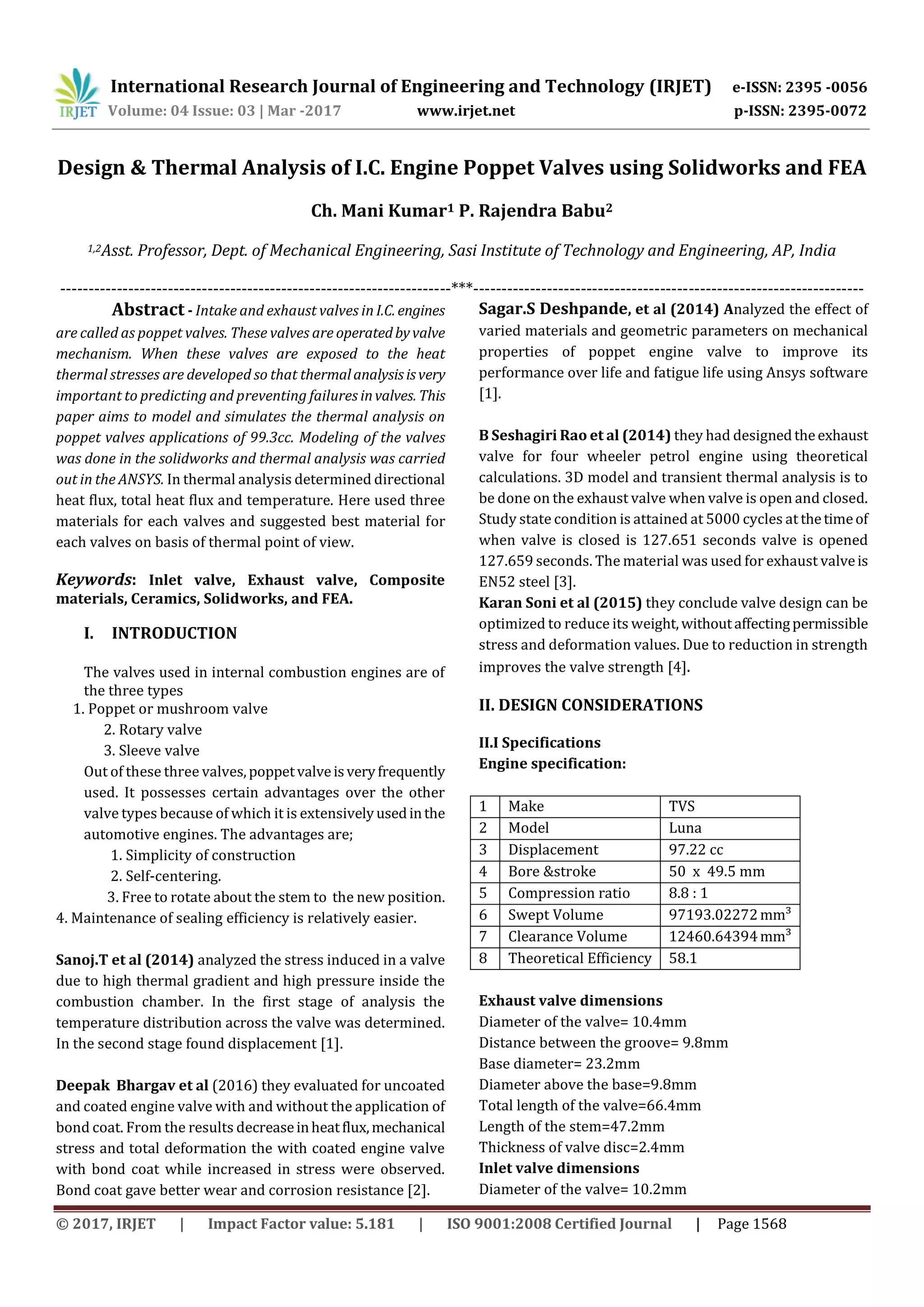 Design & Thermal Analysis of I.C. Engine Poppet Valves using Solidworks ...