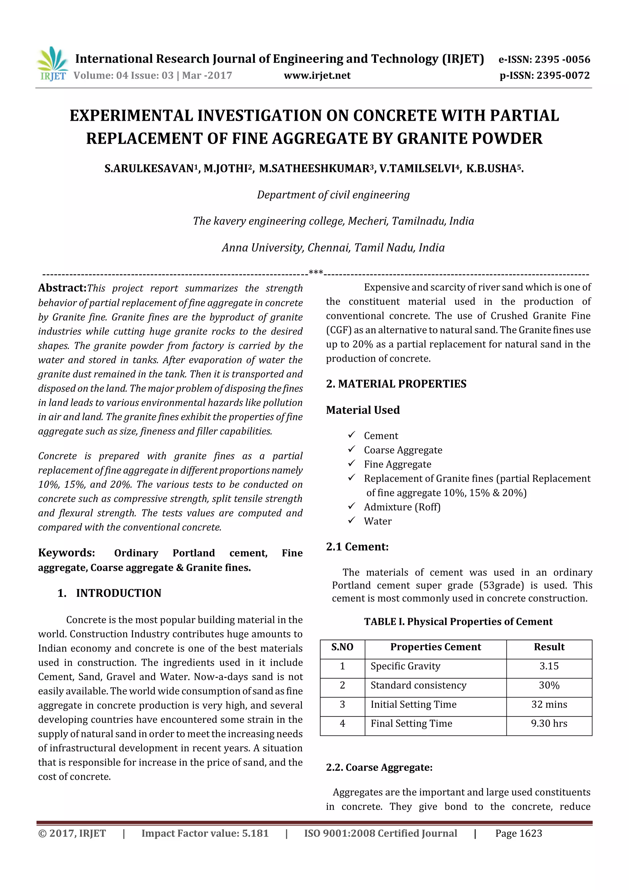 Experimental Investigation on Concrete with Partial Replacement of Fine Aggregate by Granite ...