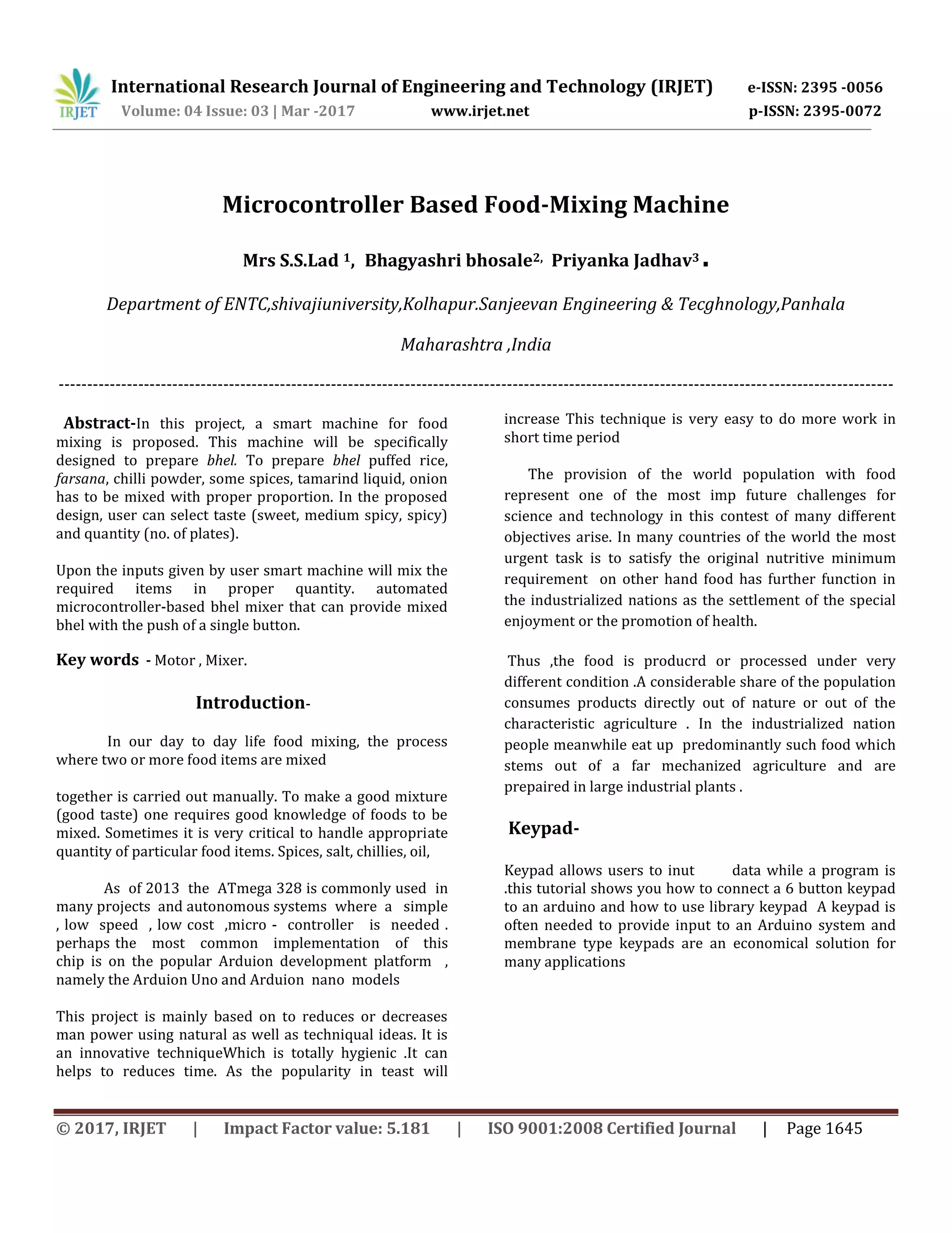 Microcontroller Based Food-Mixing Machine | PDF