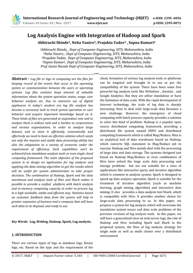 Log Analysis Engine with Integration of Hadoop and Spark | PDF