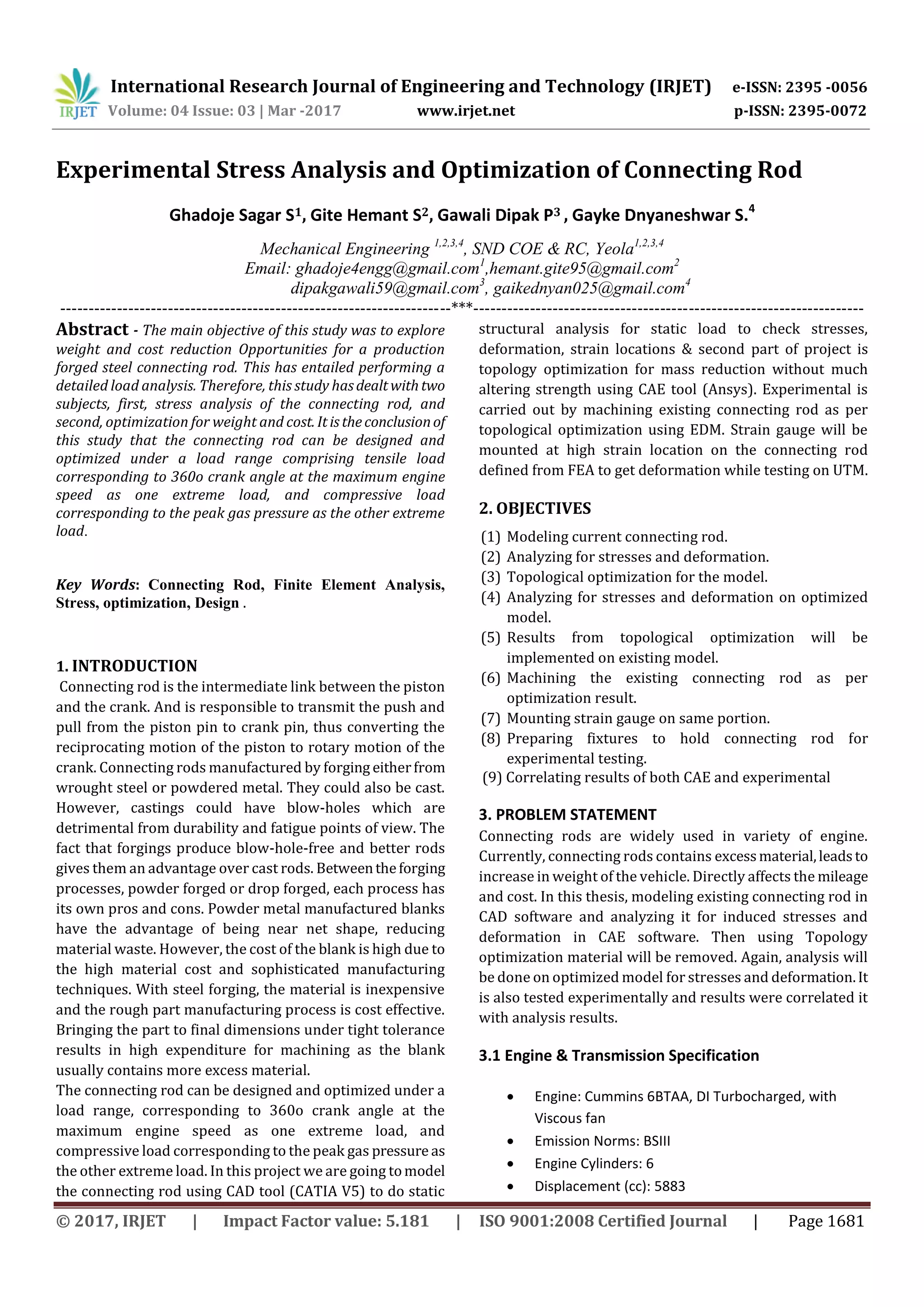 Experimental Stress Analysis And Optimization Of Connecting Rod Pdf