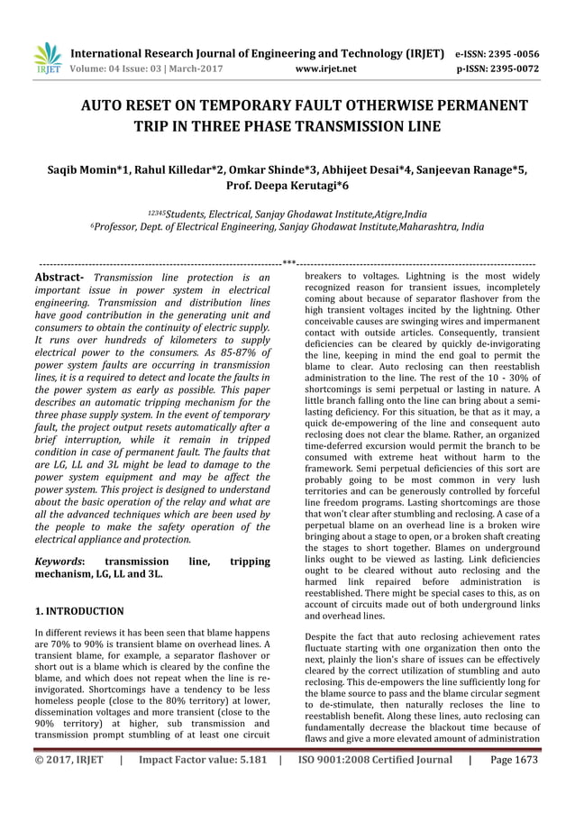 Auto Reset on Temporary Fault Otherwise Permanent Trip in Three Phase ...