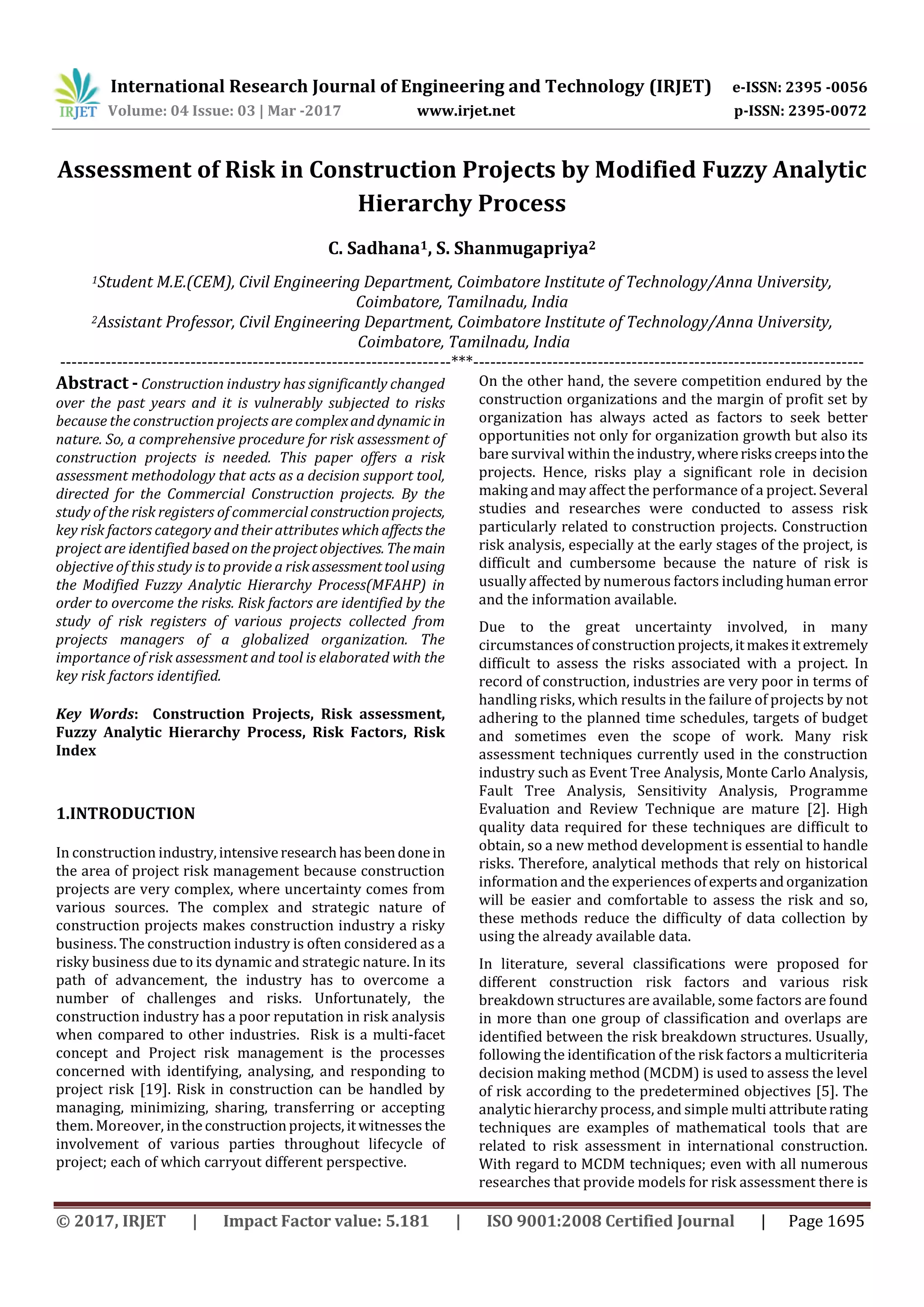 Assessment of Risk in Construction Projects by Modified Fuzzy Analytic Hierarchy Process | PDF