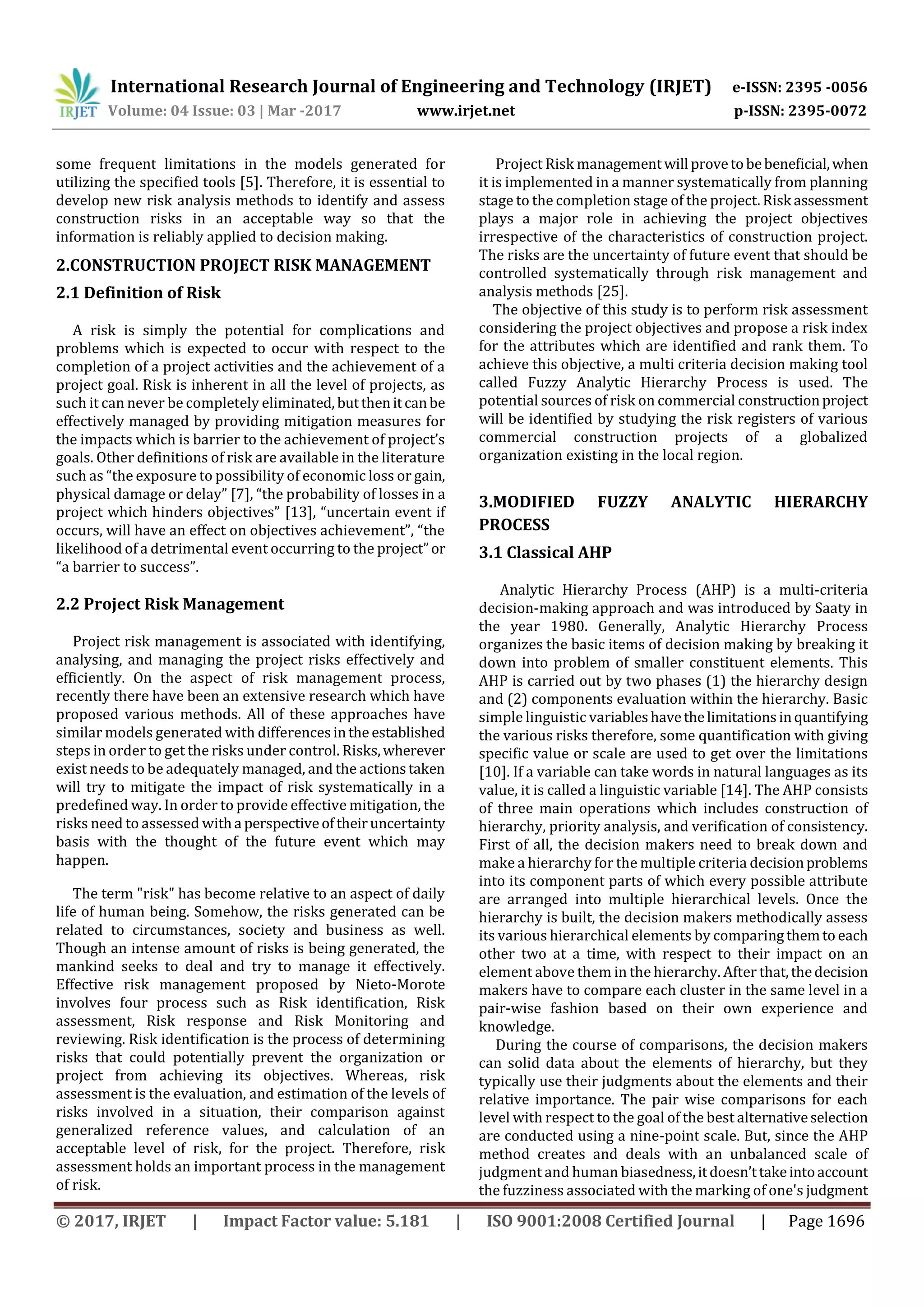 Assessment of Risk in Construction Projects by Modified Fuzzy Analytic Hierarchy Process | PDF