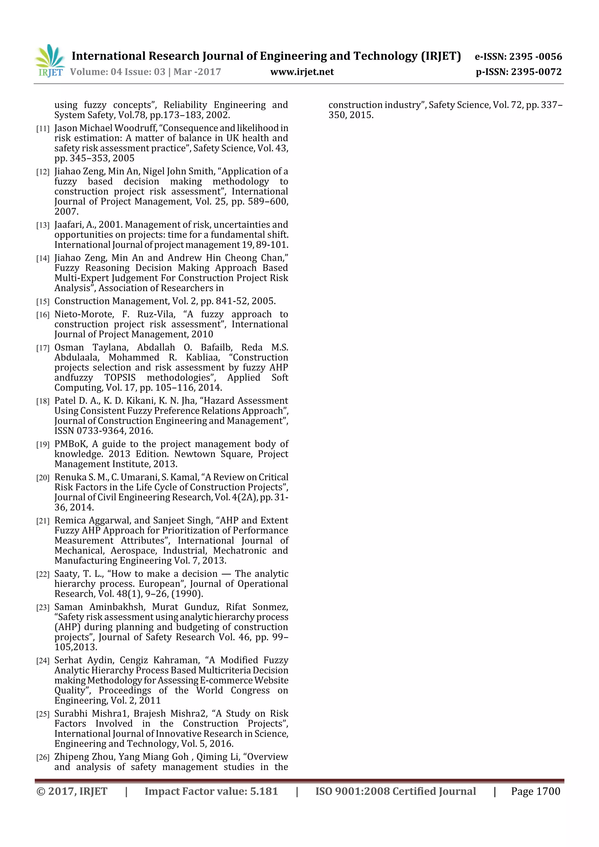 Assessment Of Risk In Construction Projects By Modified Fuzzy Analytic Hierarchy Process Pdf
