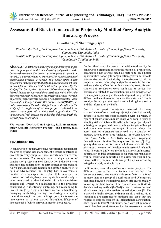 Assessment of Risk in Construction Projects by Modified Fuzzy Analytic Hierarchy Process | PDF