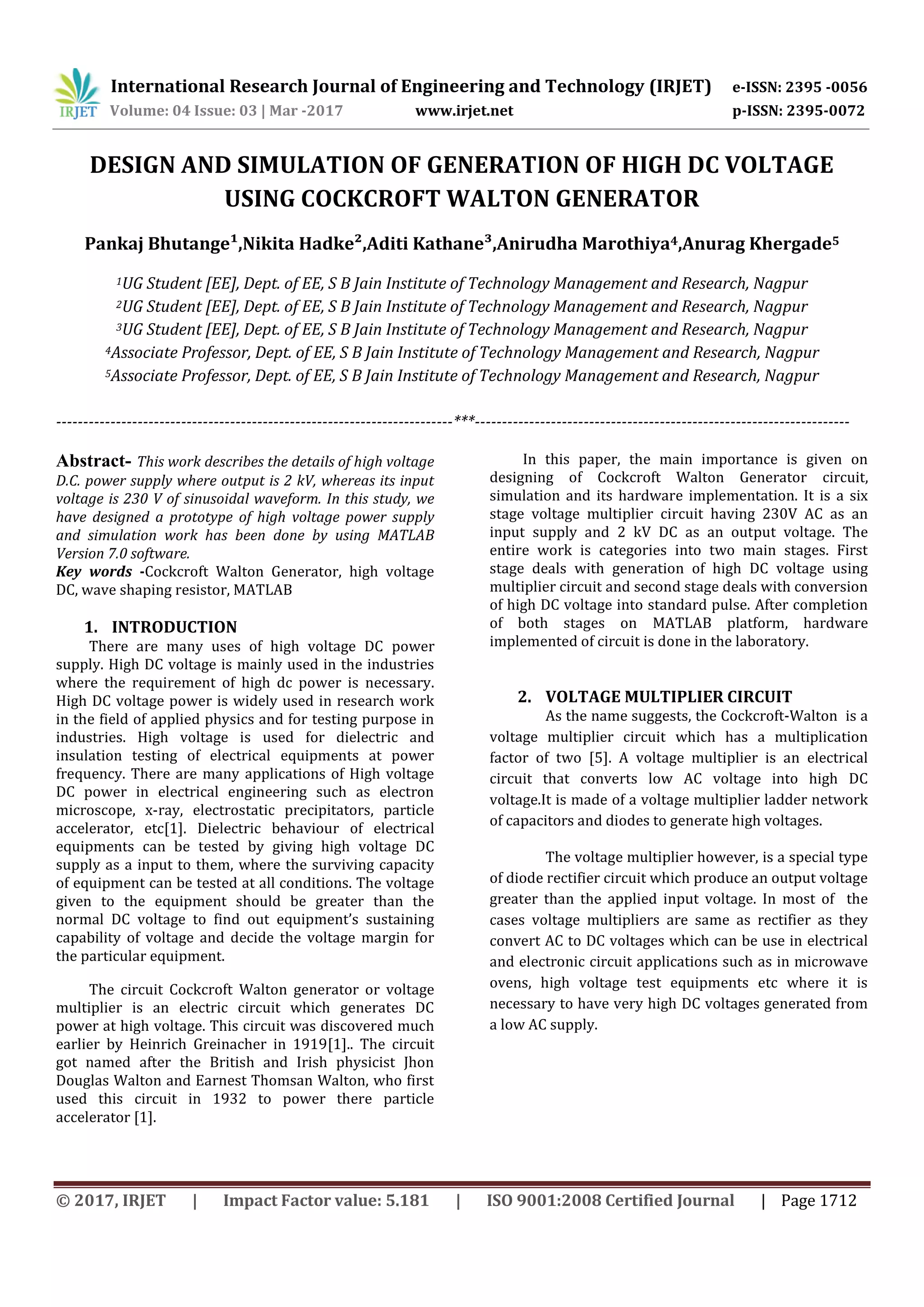Design and Simulation of Generation of High DC Voltage using Cockcroft Walton Generator | PDF