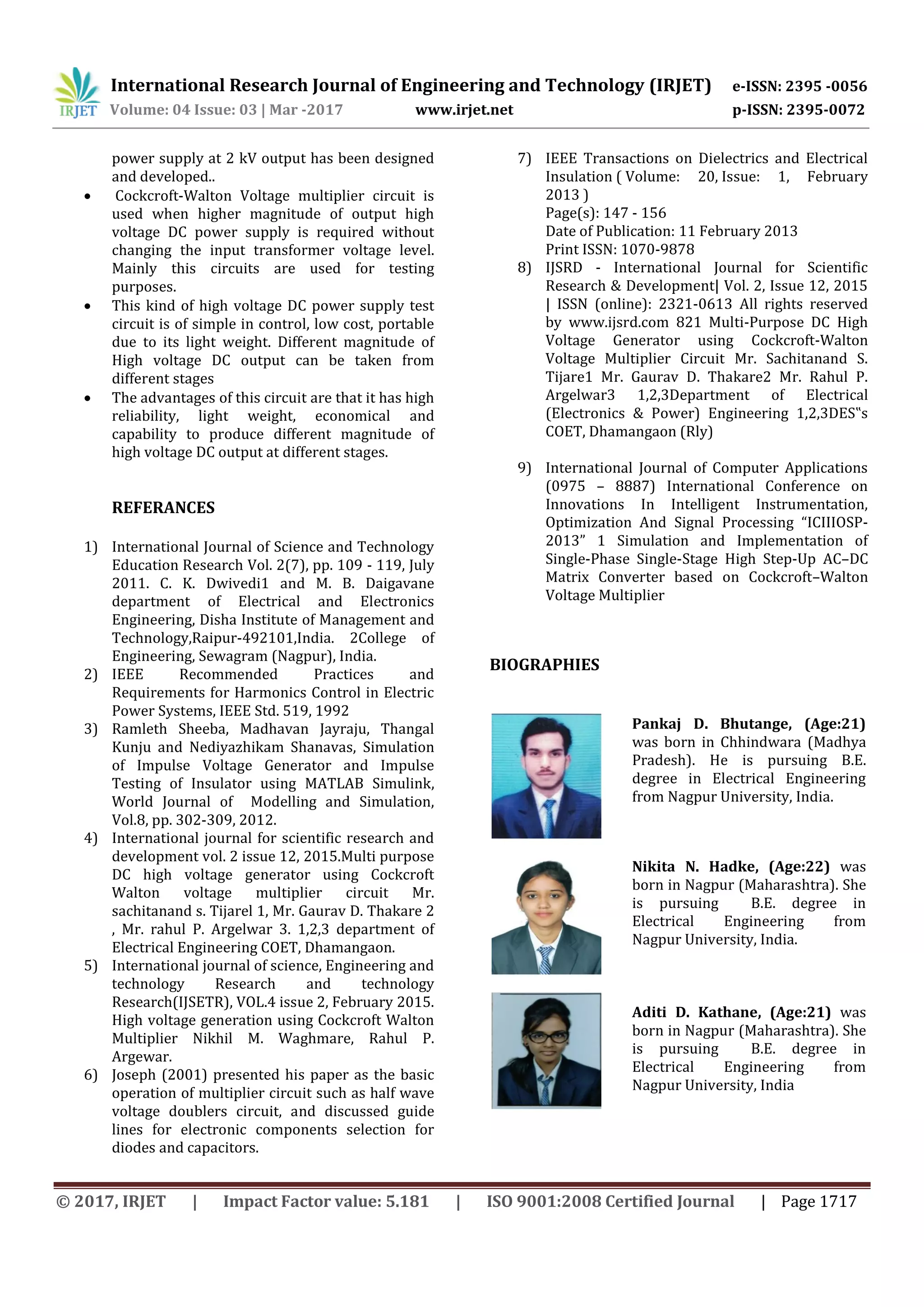 Design and Simulation of Generation of High DC Voltage using Cockcroft Walton Generator | PDF